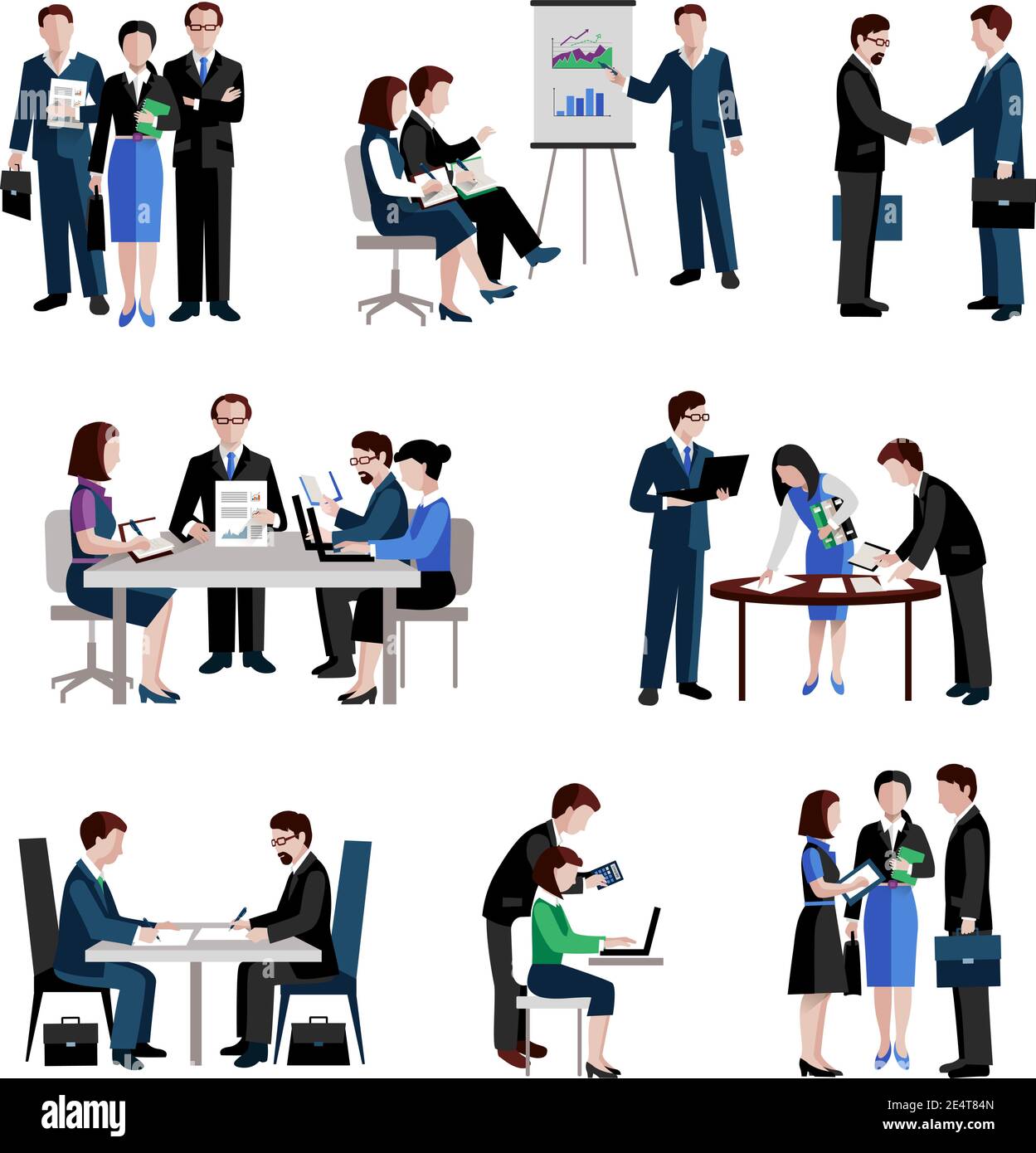 Teamwork icons set with men and women teams conference brainstorming ...