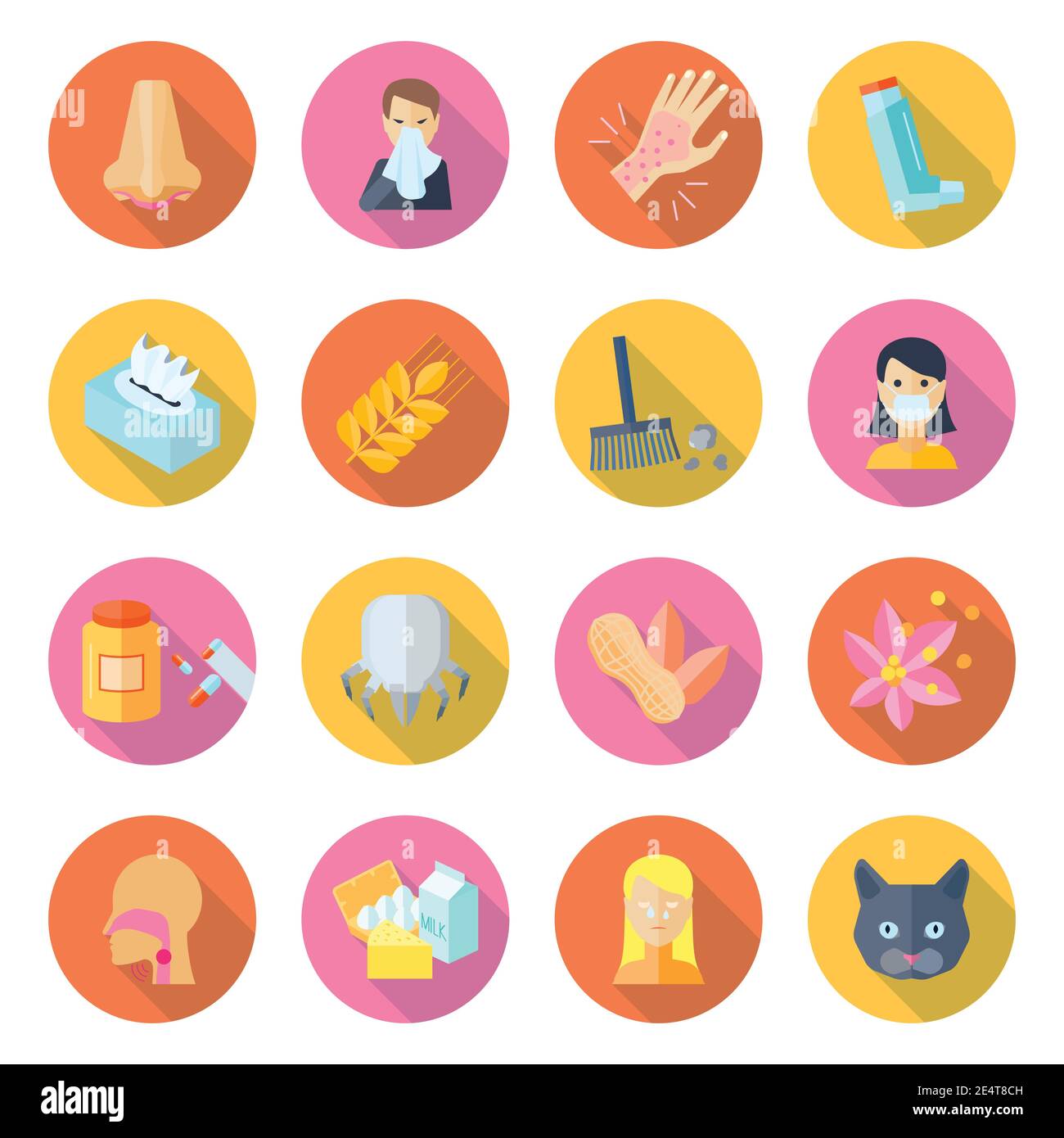 Allergy icon flat set with cough rhinitis dermatitis sneeze isolated ...