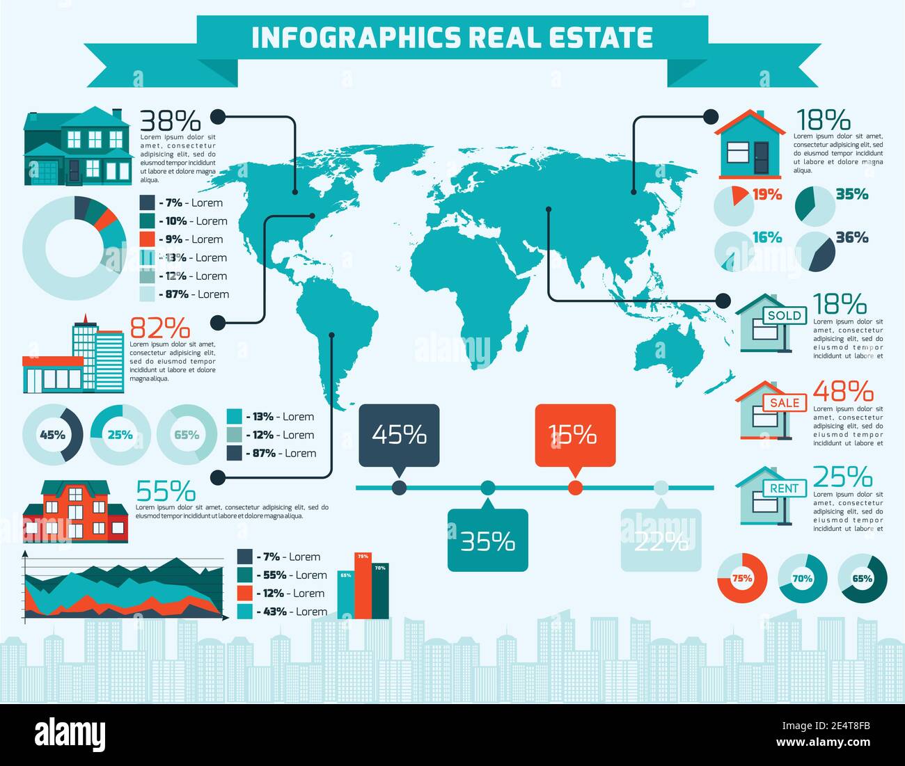 Real estate apartment sale and rent infographics with world map and ...
