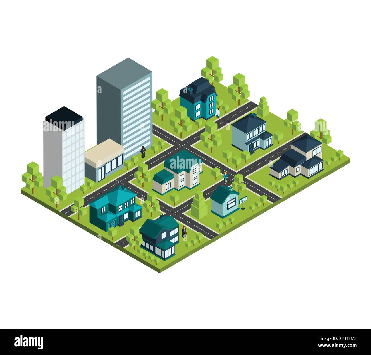 Real estate isometric concept with 3d city district and rental houses ...