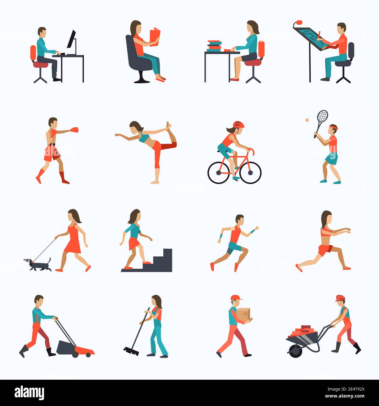 Physical activity icons set with people working cycling training ...