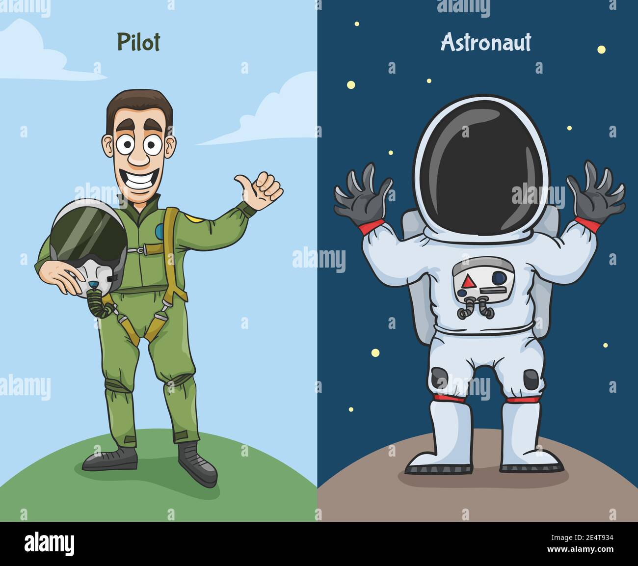 Astronaut in space suit and pilot thumbs up characters vector ...