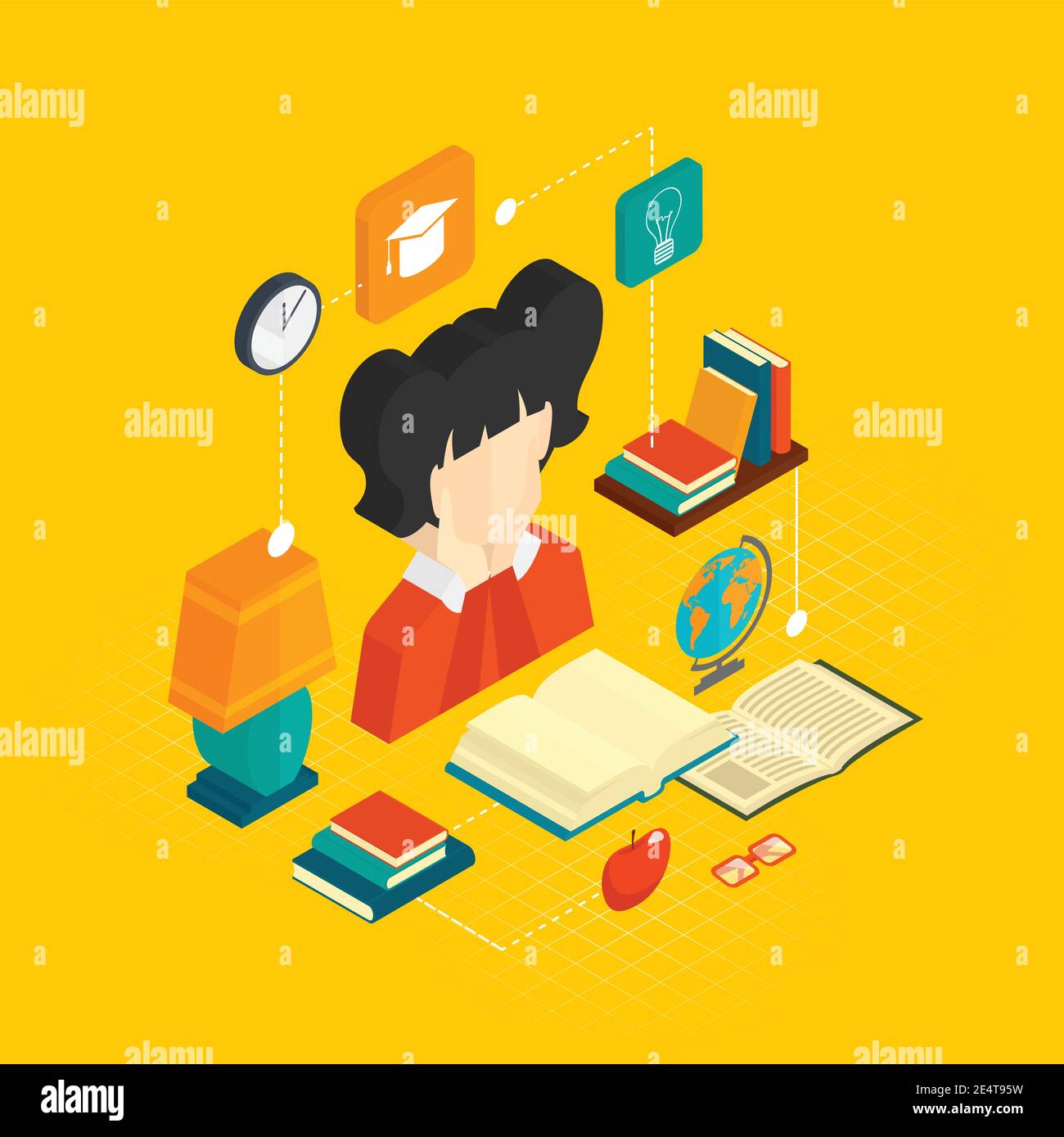 Reading concept isometric with 3d girl avatar and book and education ...