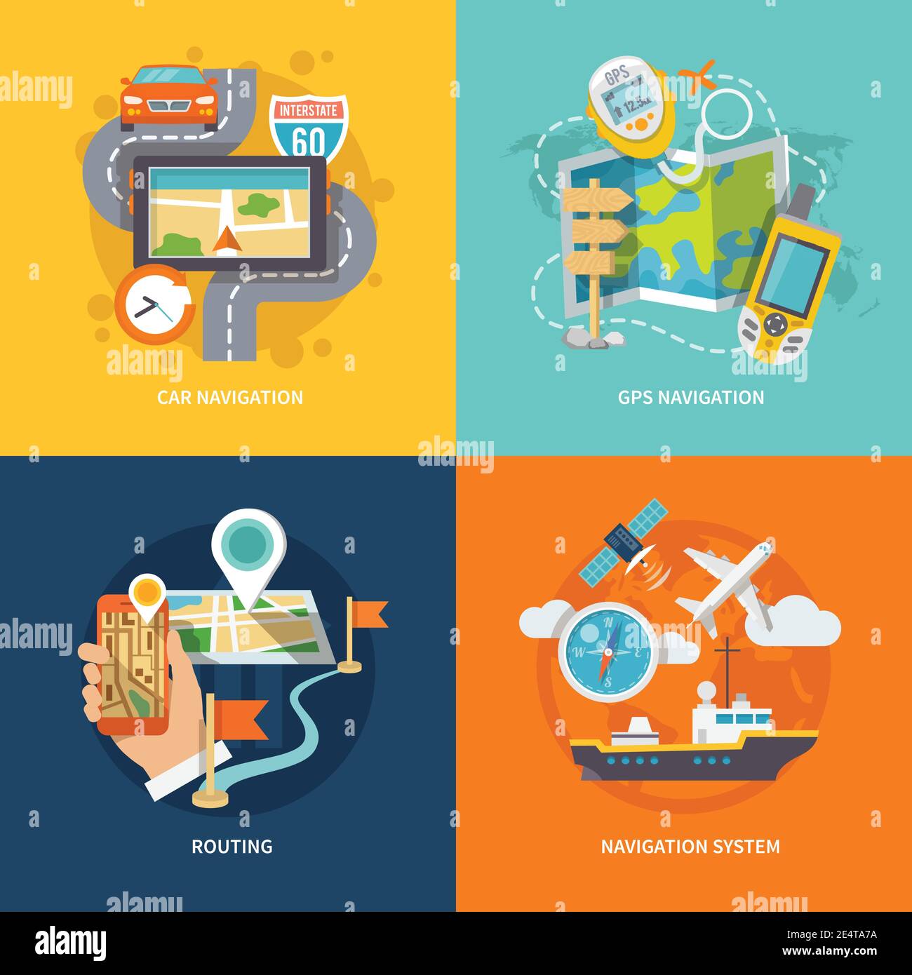 Car 60 Route map and GPS navigation system device 4 flat icons ... Car 60 Route map and GPS navigation system device 4 flat icons ...