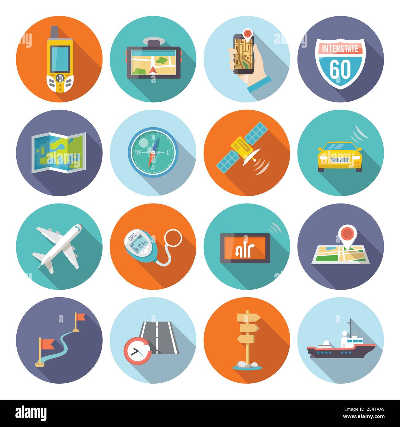 Navigation flat icons set with satellite GPS cell phone system symbols round shadow abstract ...