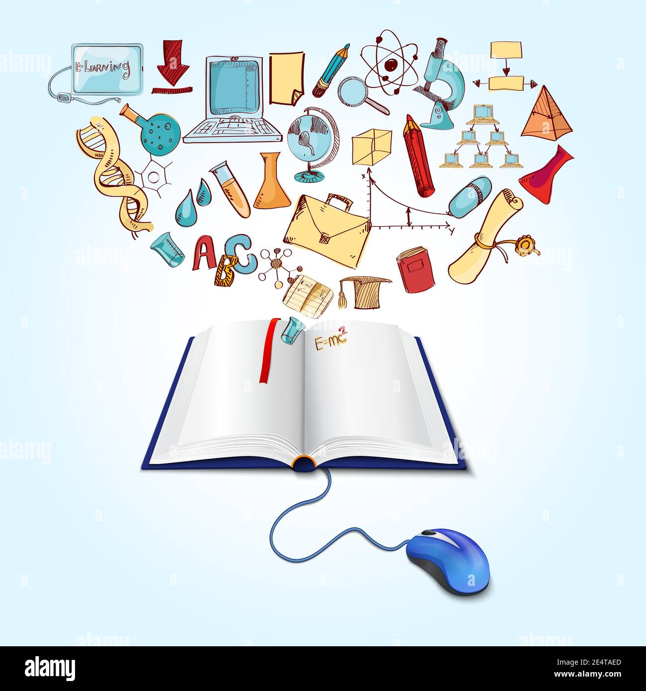Online education concept with book computer mouse and sketch science ...