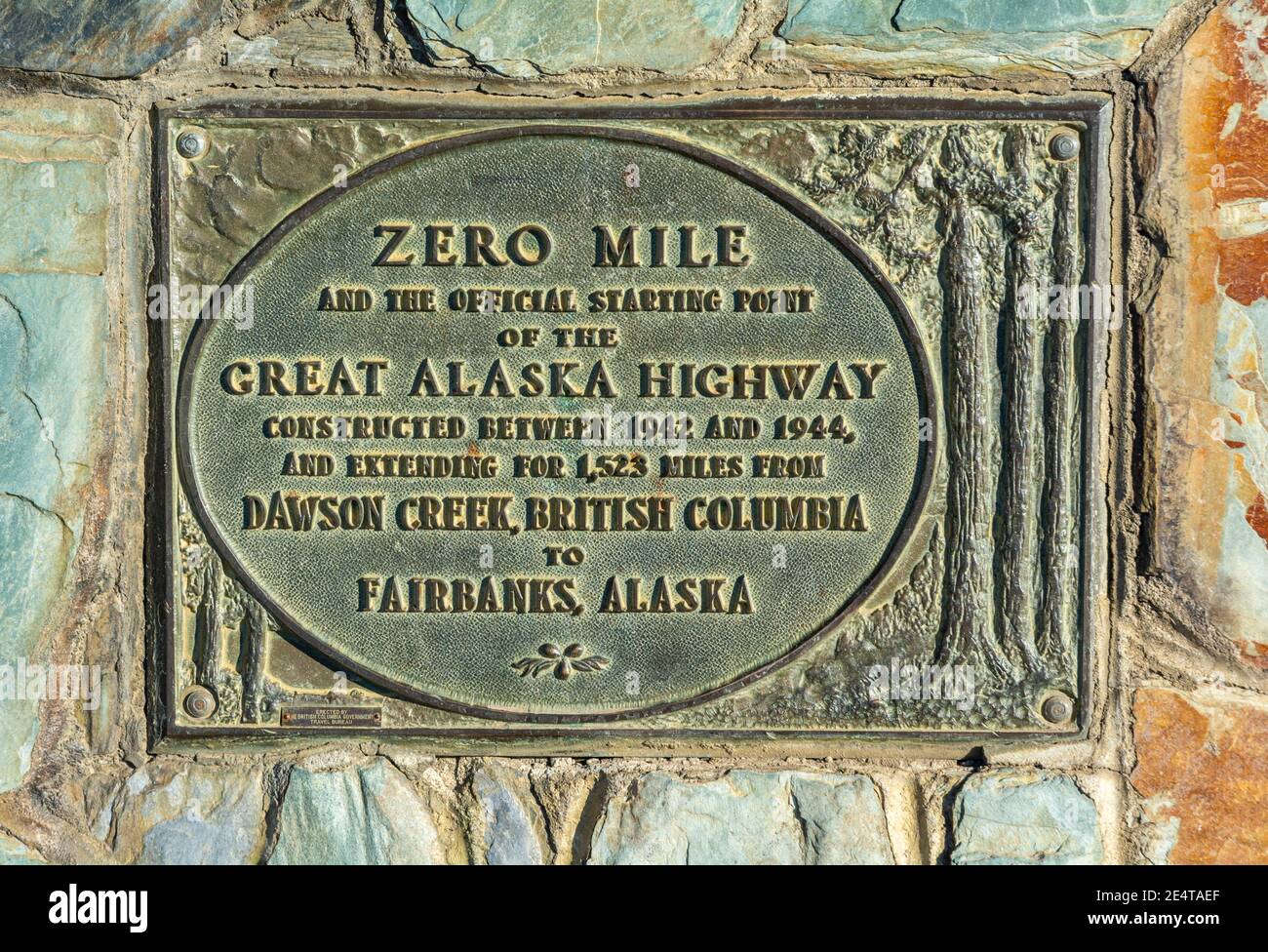 Canada, British Columbia, Dawson Creek, Alaska Highway Zero Mile plaque ...