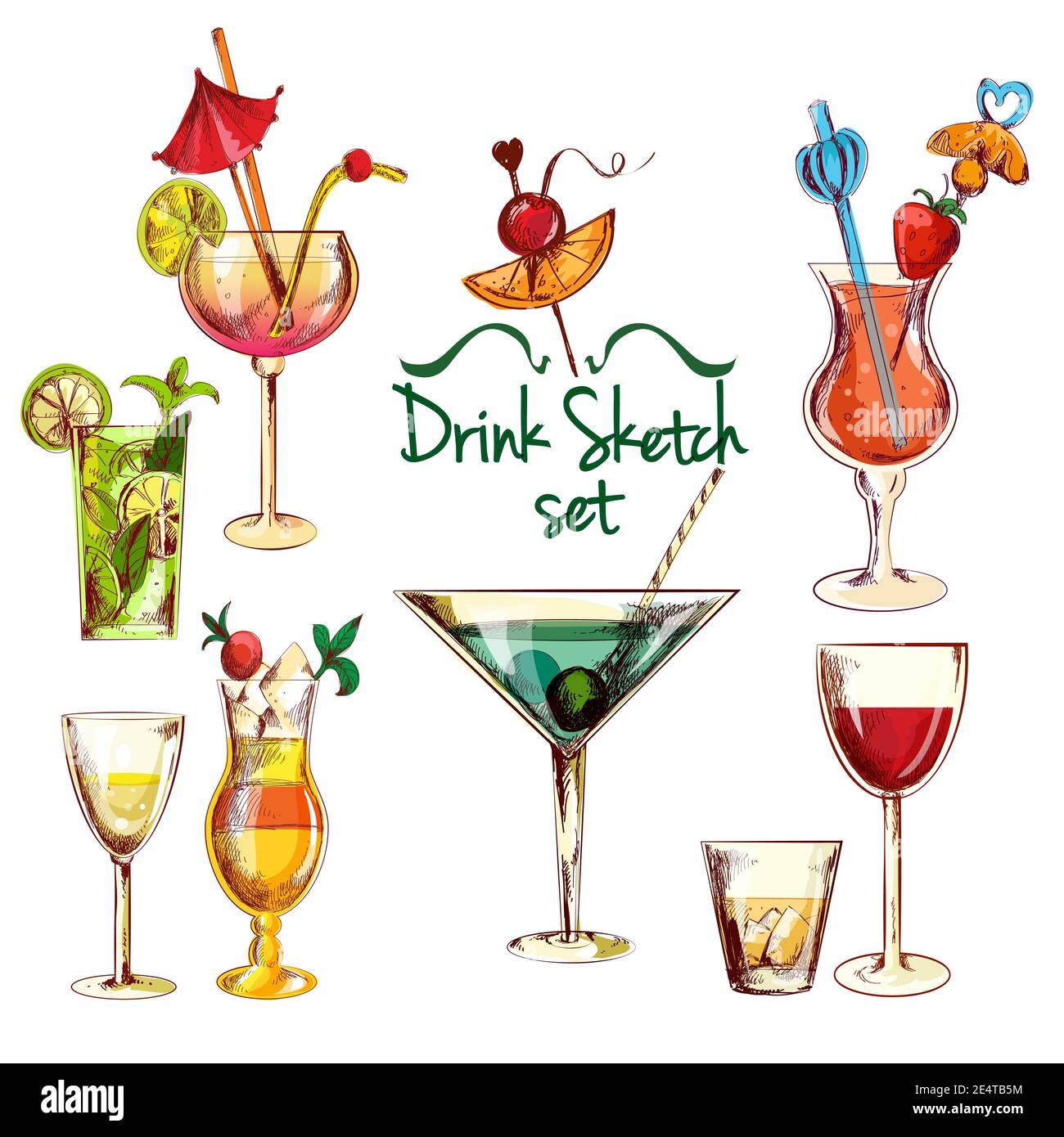 Sketch alcoholic beverages cocktail drink set isolated vector ...