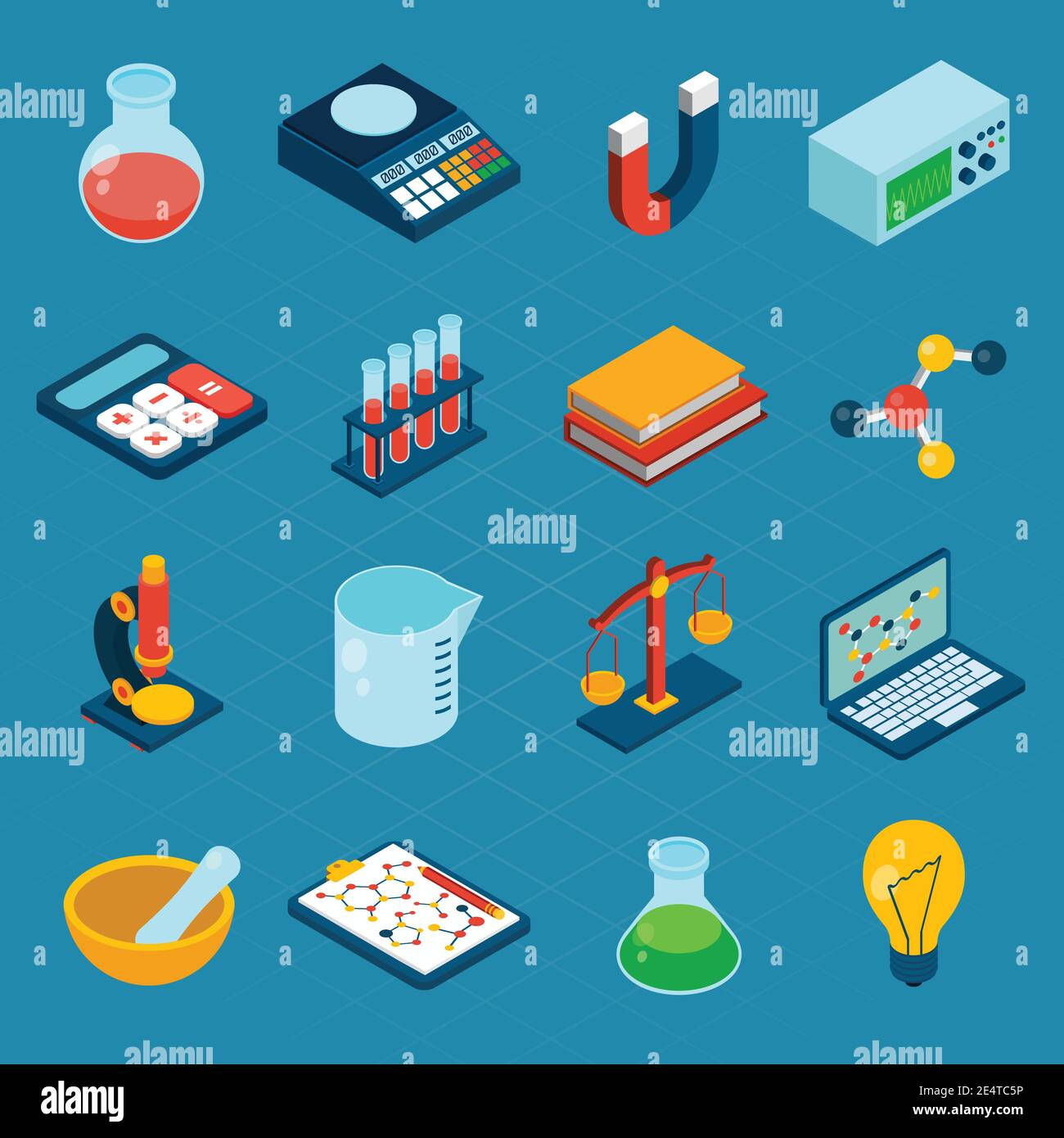 Isometric science 3d icons set with flask magnet calculator isolated ...
