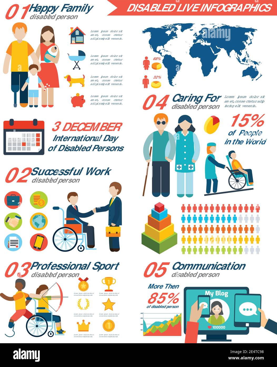 Disabled and retirement infographics set with charts and world map ...