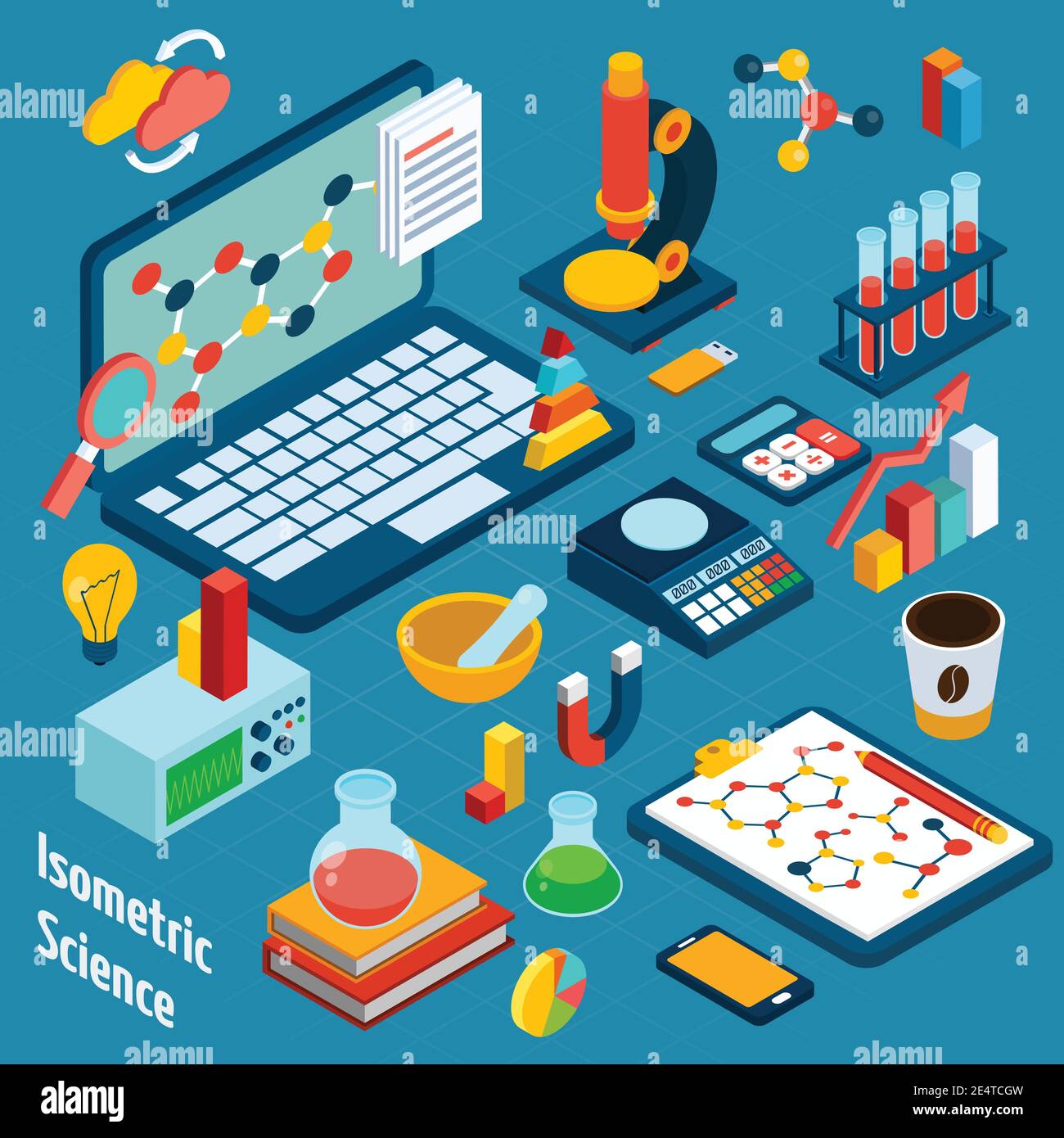 Isometric science workplace concept with computer and 3d chemistry and ...