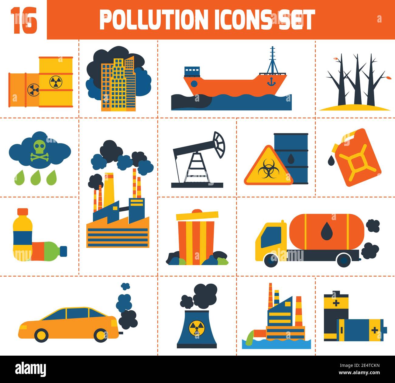 Pollution environment contamination toxic waste and ecology icons set ...