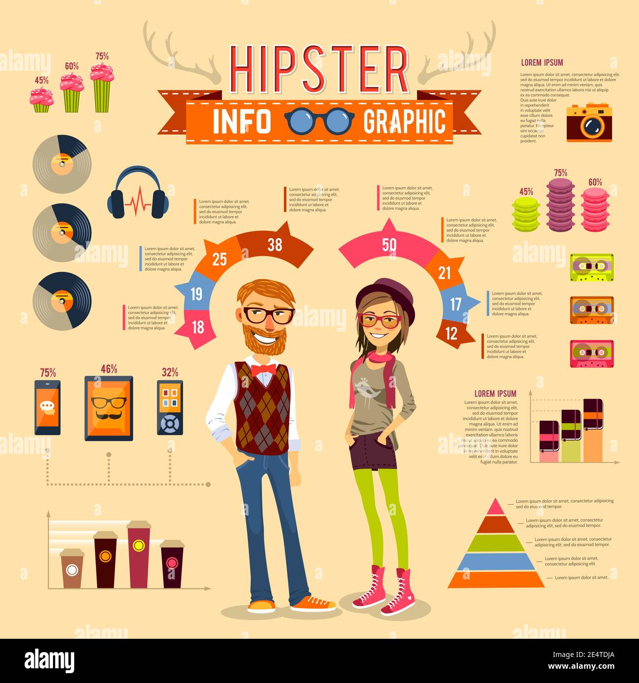 Hipster infographic set with boy girl and trendy accessories vector ...