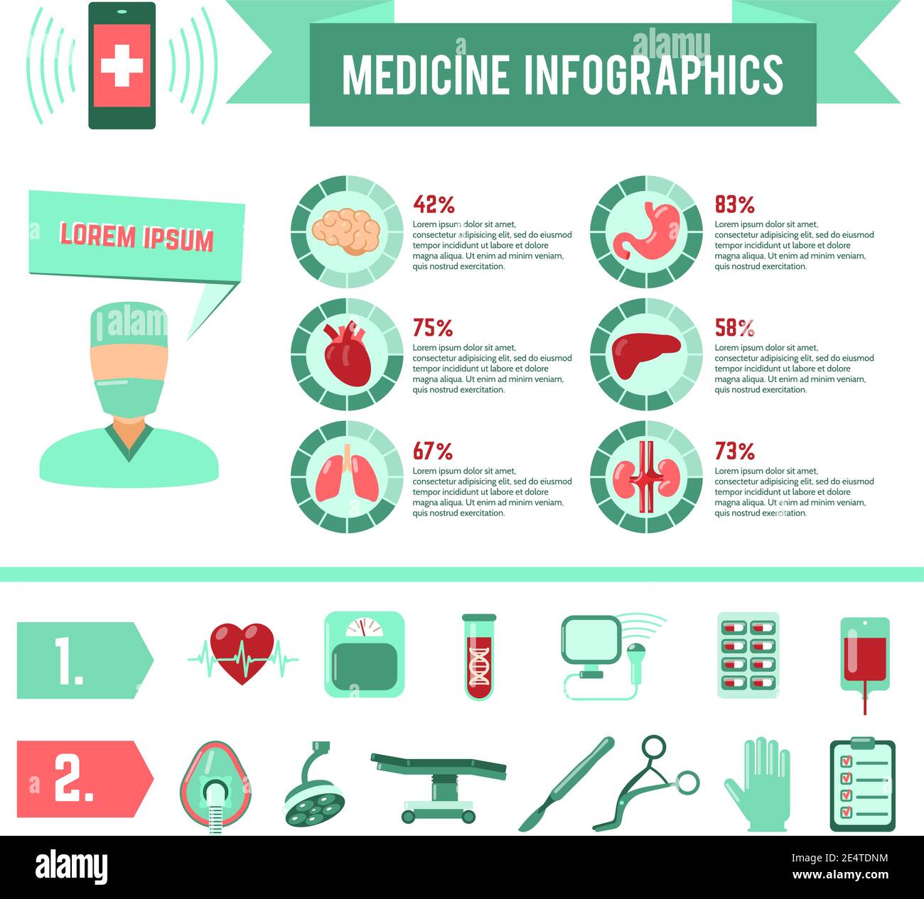 Surgery medicine infographics with surgeon operation symbols and charts ...