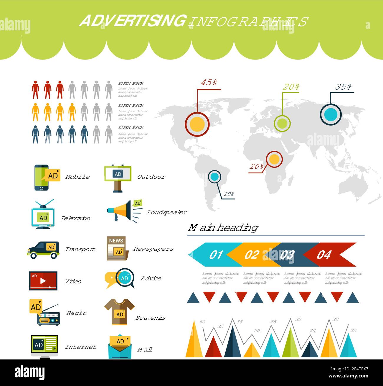 Advertising infographics set with marketing strategy symbols charts and ...