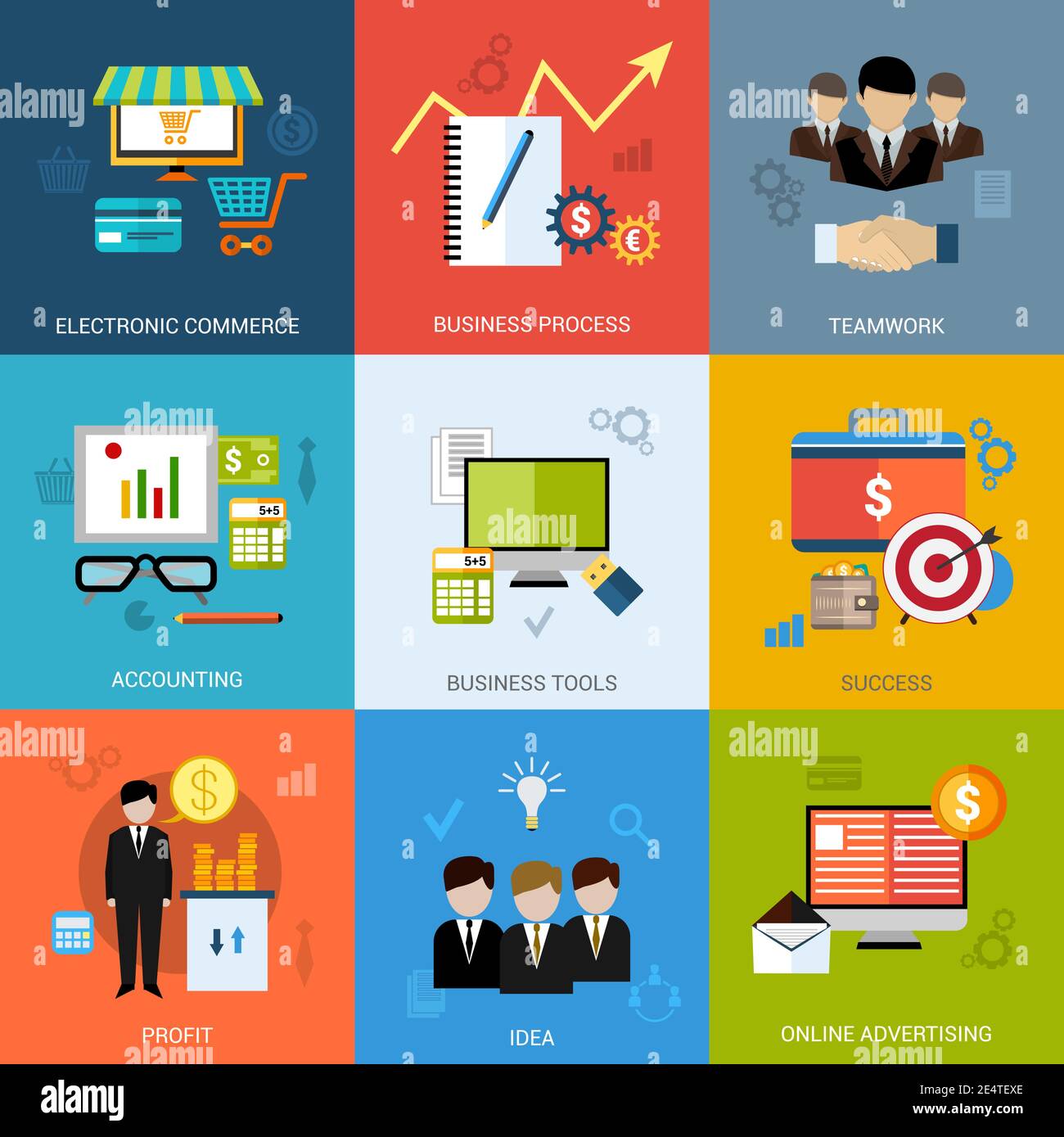 Business concept set with electronic commerce teamwork accounting tools ...