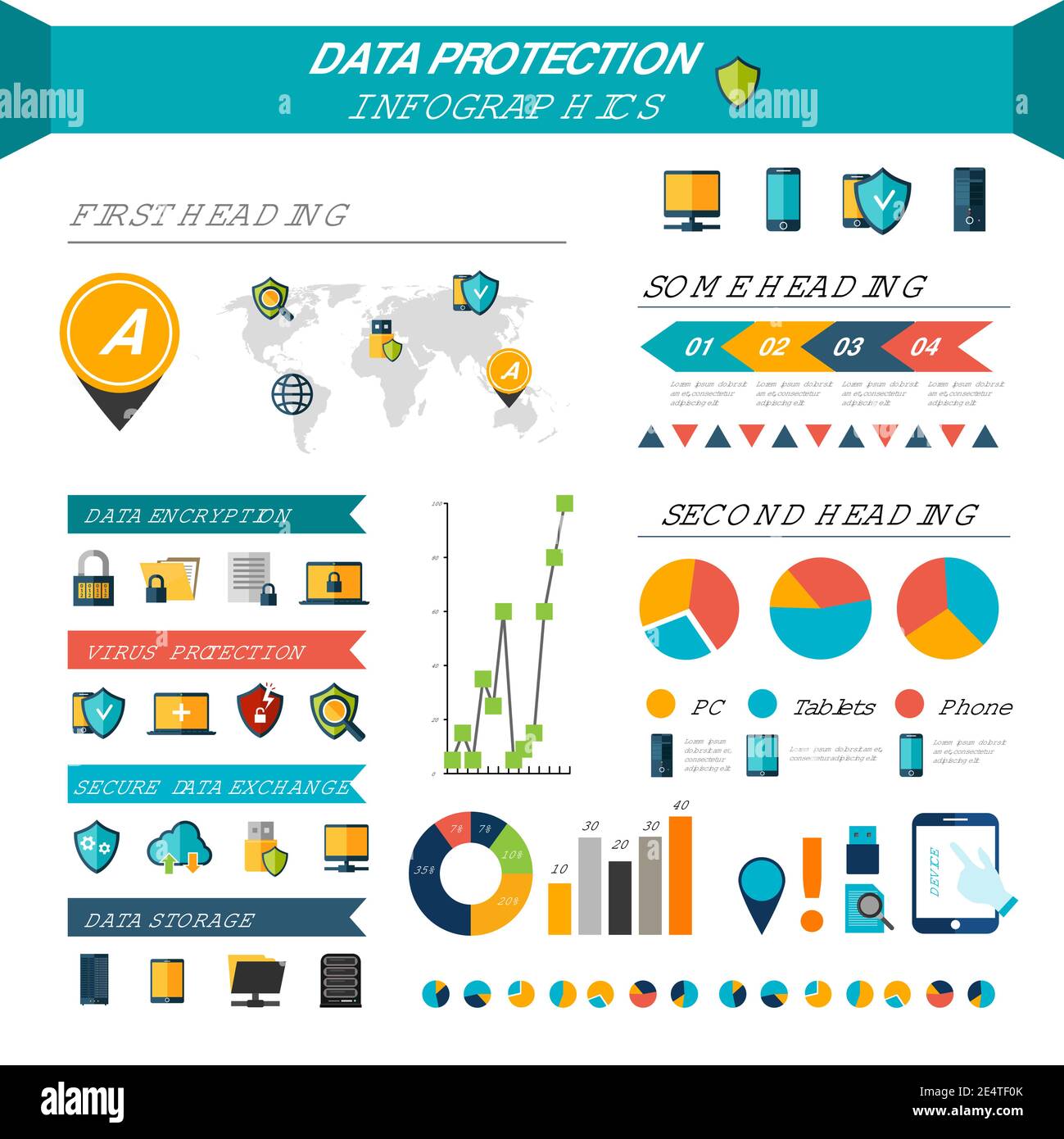 Data protection infographics set with safe information storage symbols ...