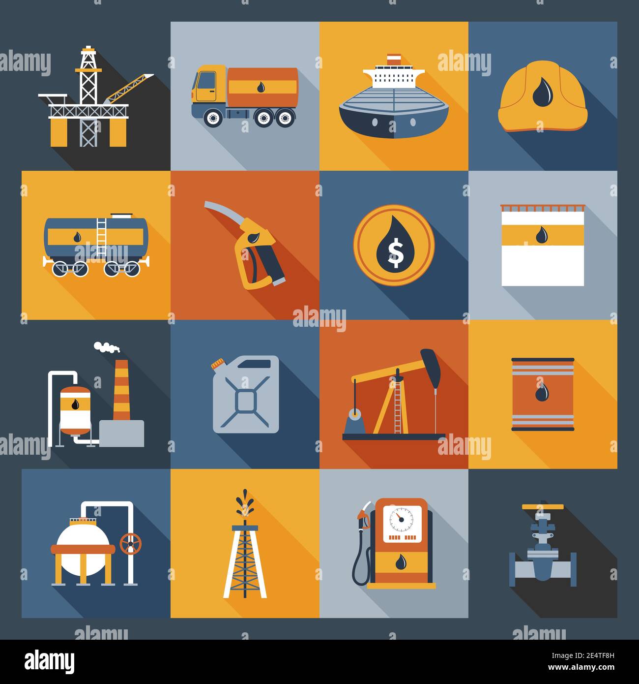 Oil industry drilling gas terminal fuel canister icons flat set ...