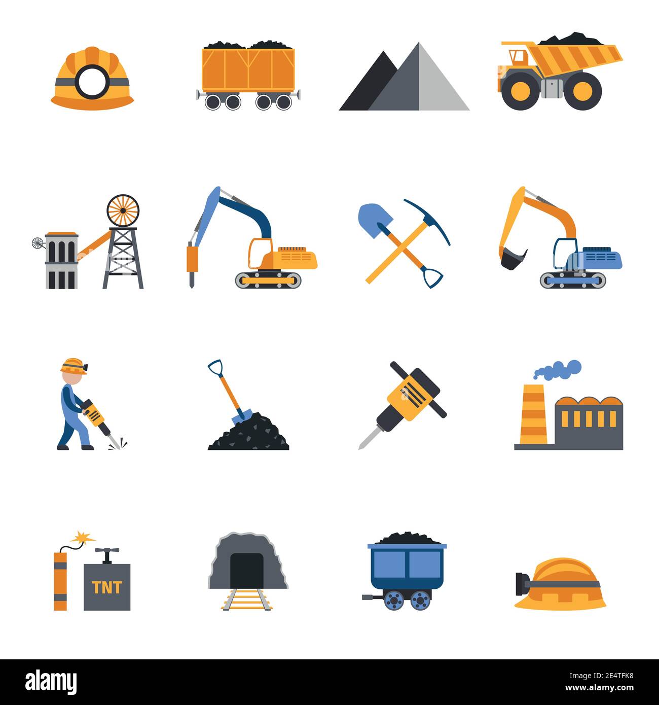 Coal industry metallurgy mine equipment and machinery icons set ...