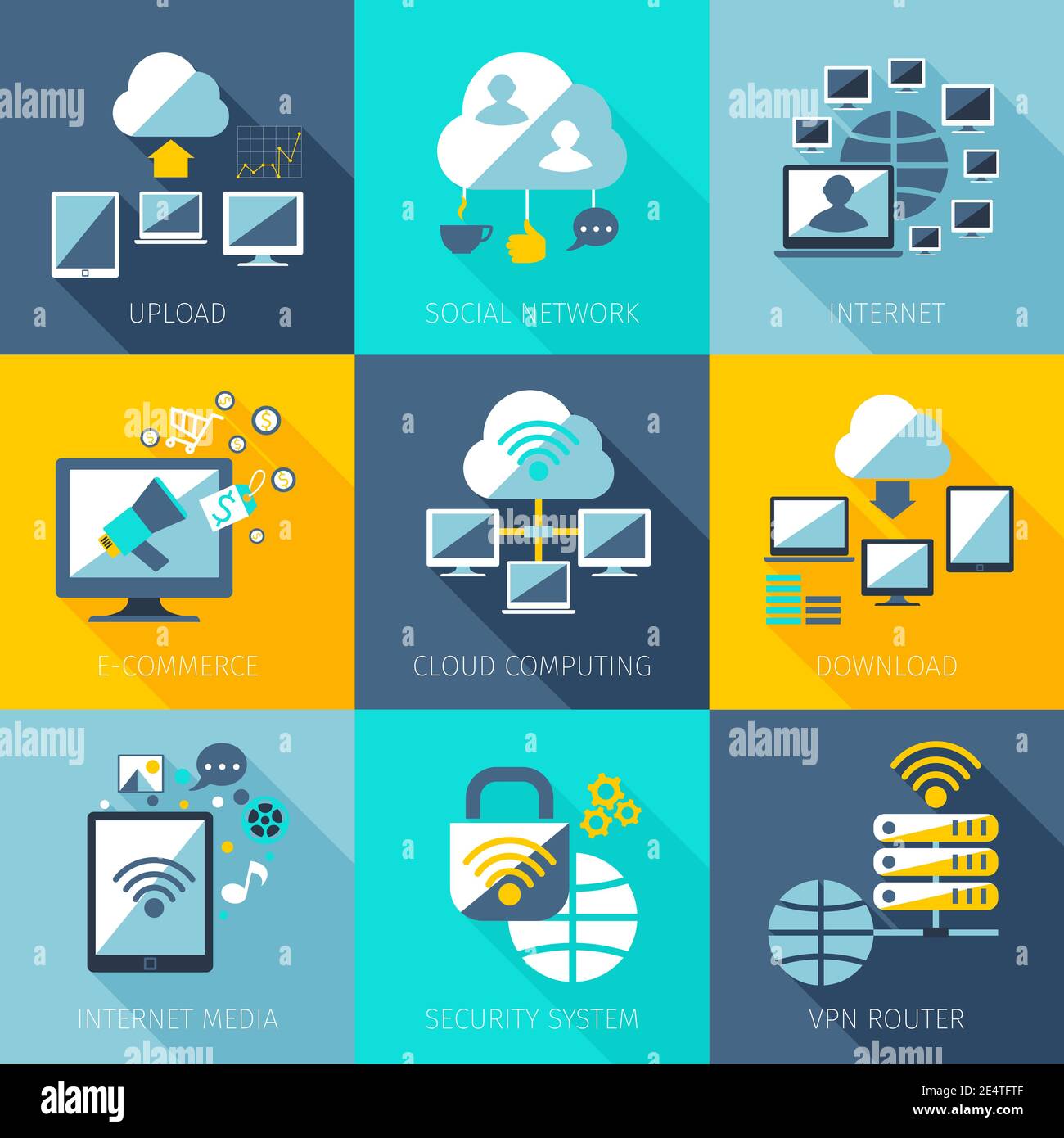 Network concept set with upload social network internet icons set ...
