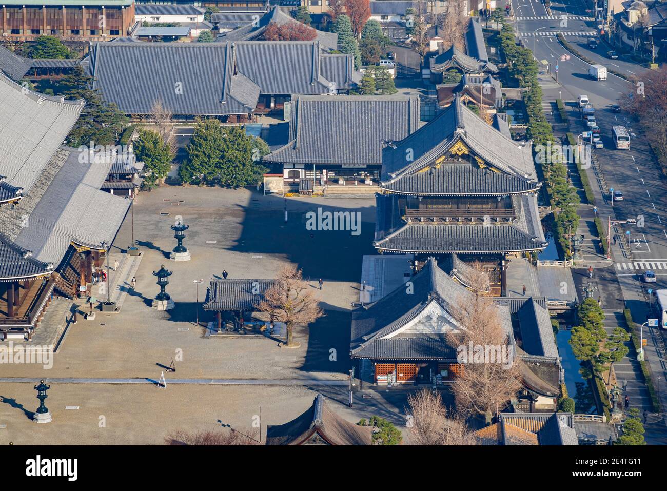 Aerial view of Higashi Honganji and Kyoto downtown cityscape on Kyoto ...