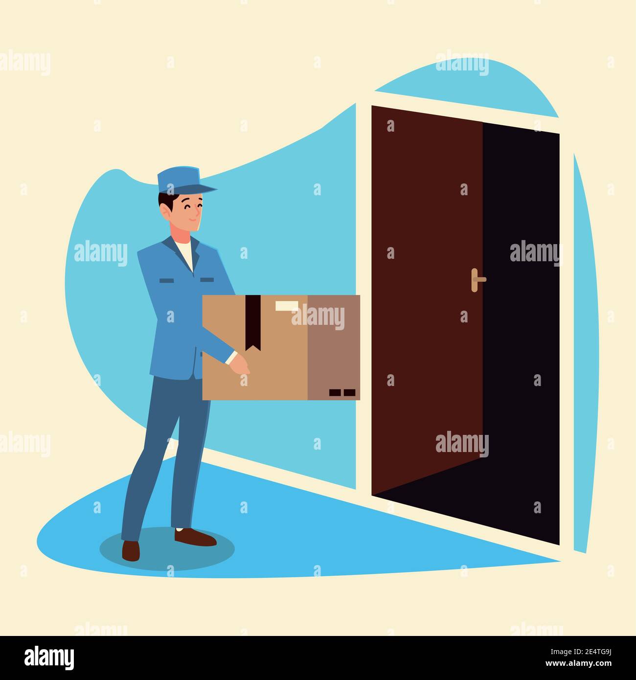 postal service postman carrying cardboard box in door vector ...