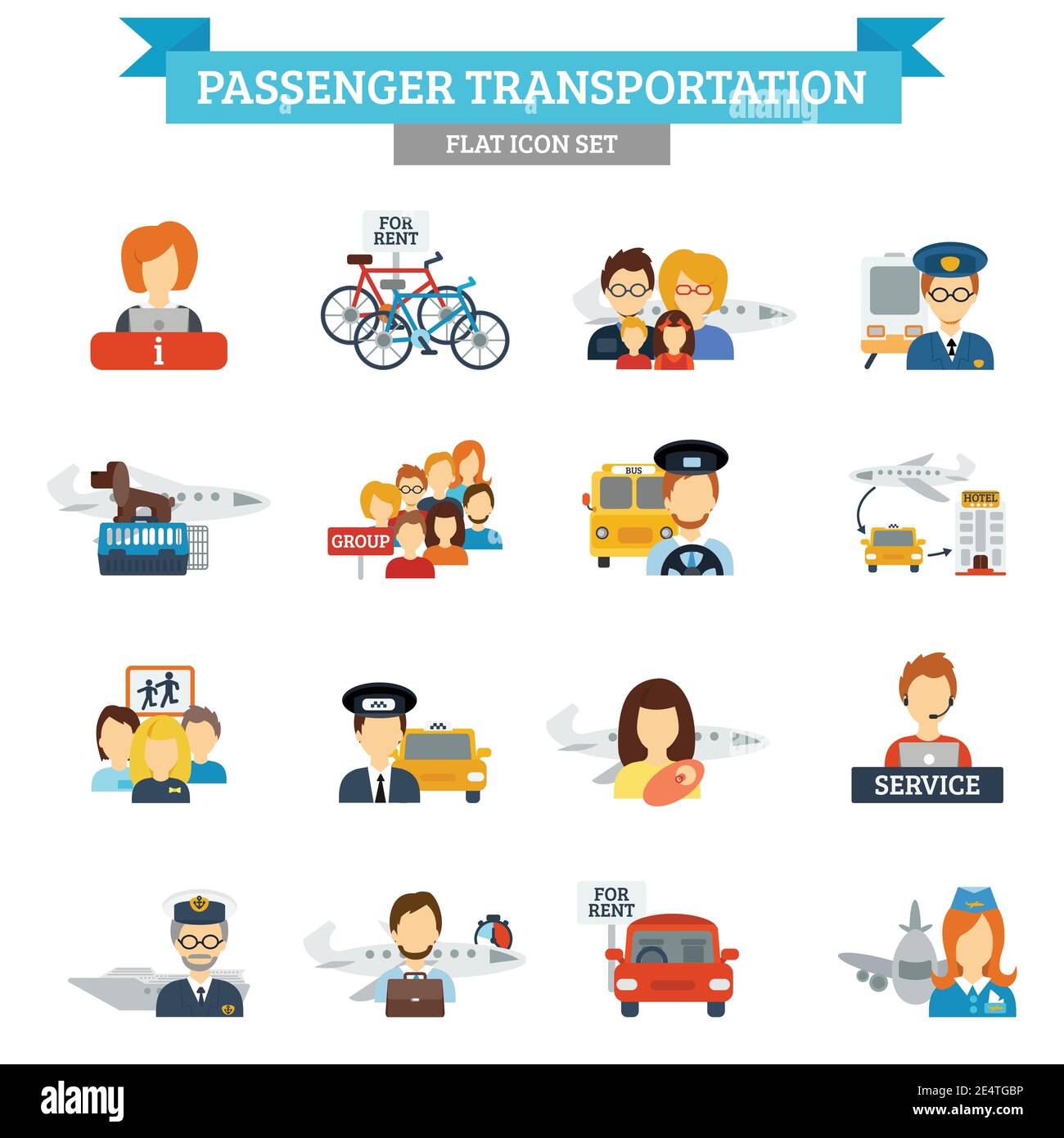 Passenger transportation icon flat set with transport drivers and ...