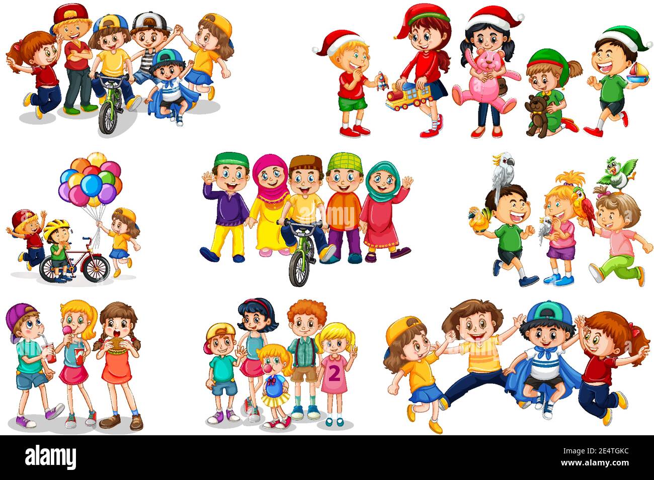 Set of different kid playing with their toys cartoon character isolated ...