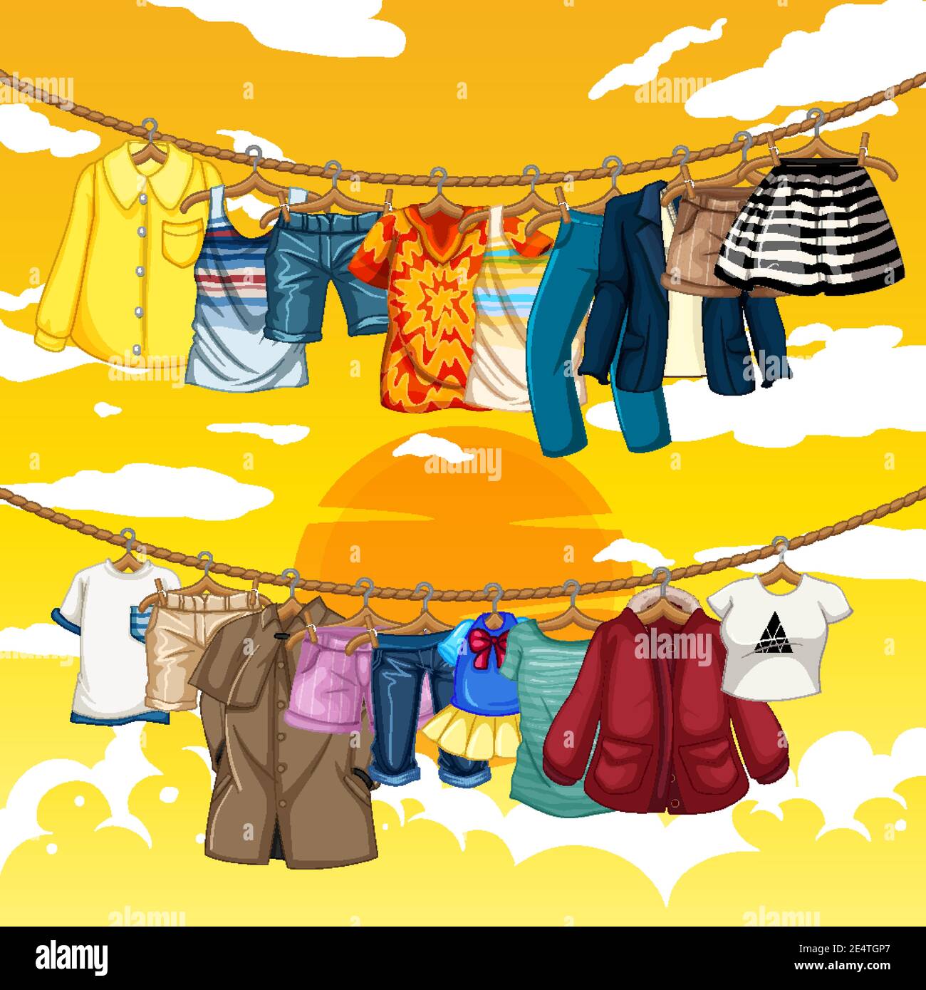Many clothes hanging on a line on yellow sky background illustration ...