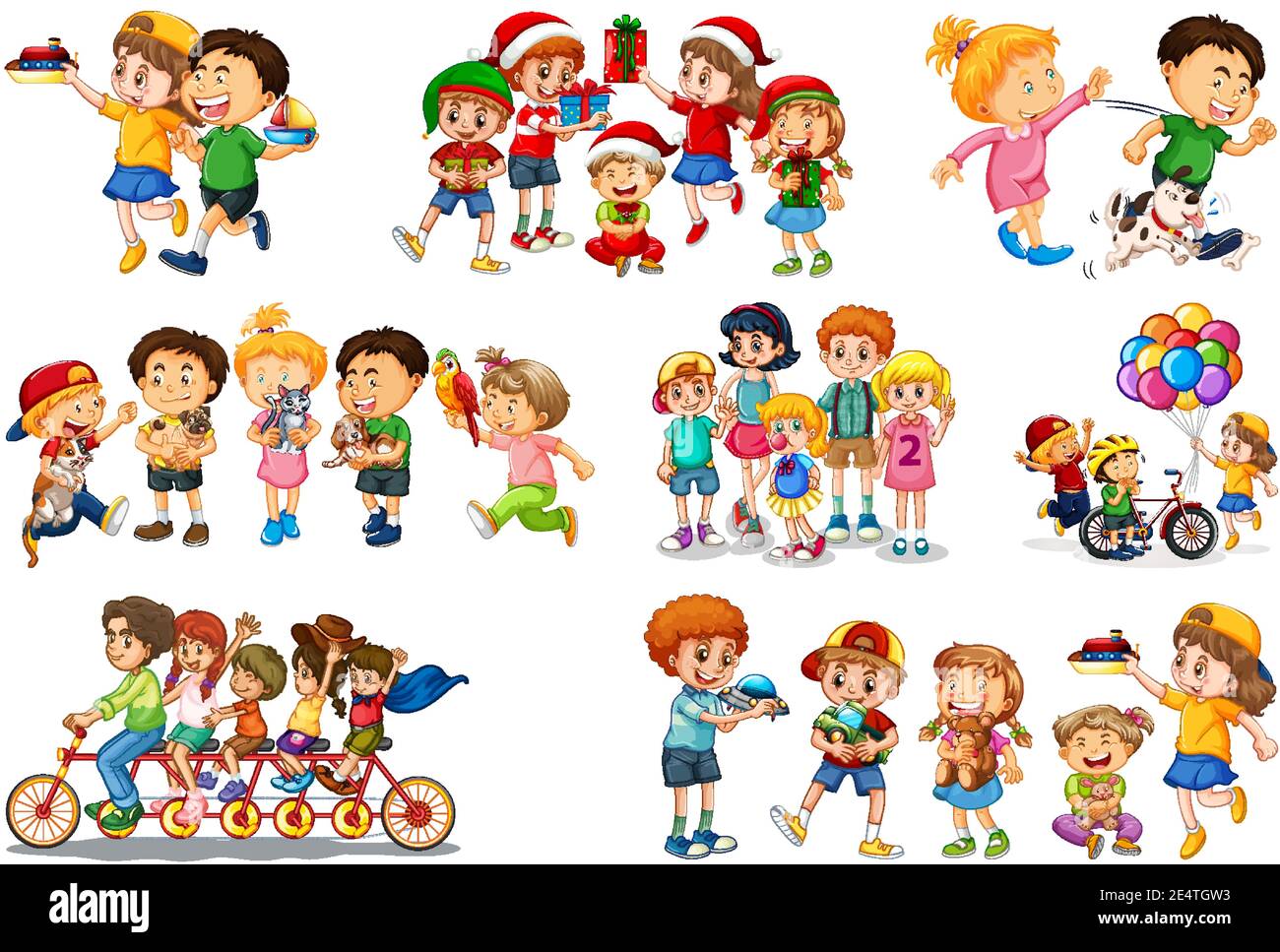 Set of different kid playing with their toys cartoon character isolated ...
