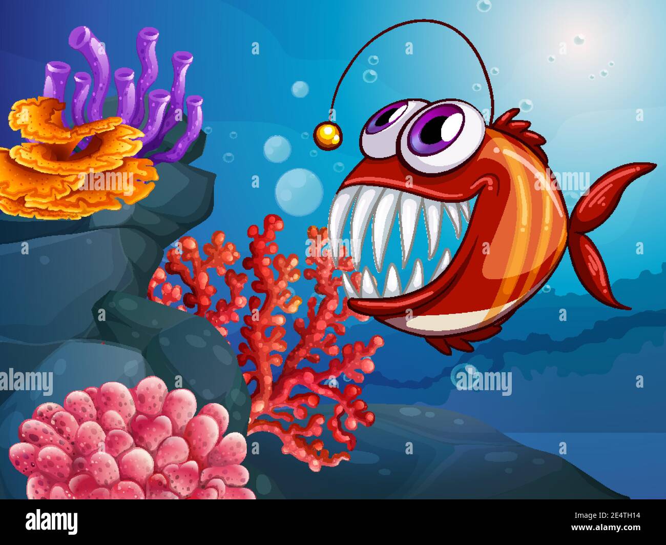 Angler fish cartoon character in the underwater scene with corals ...