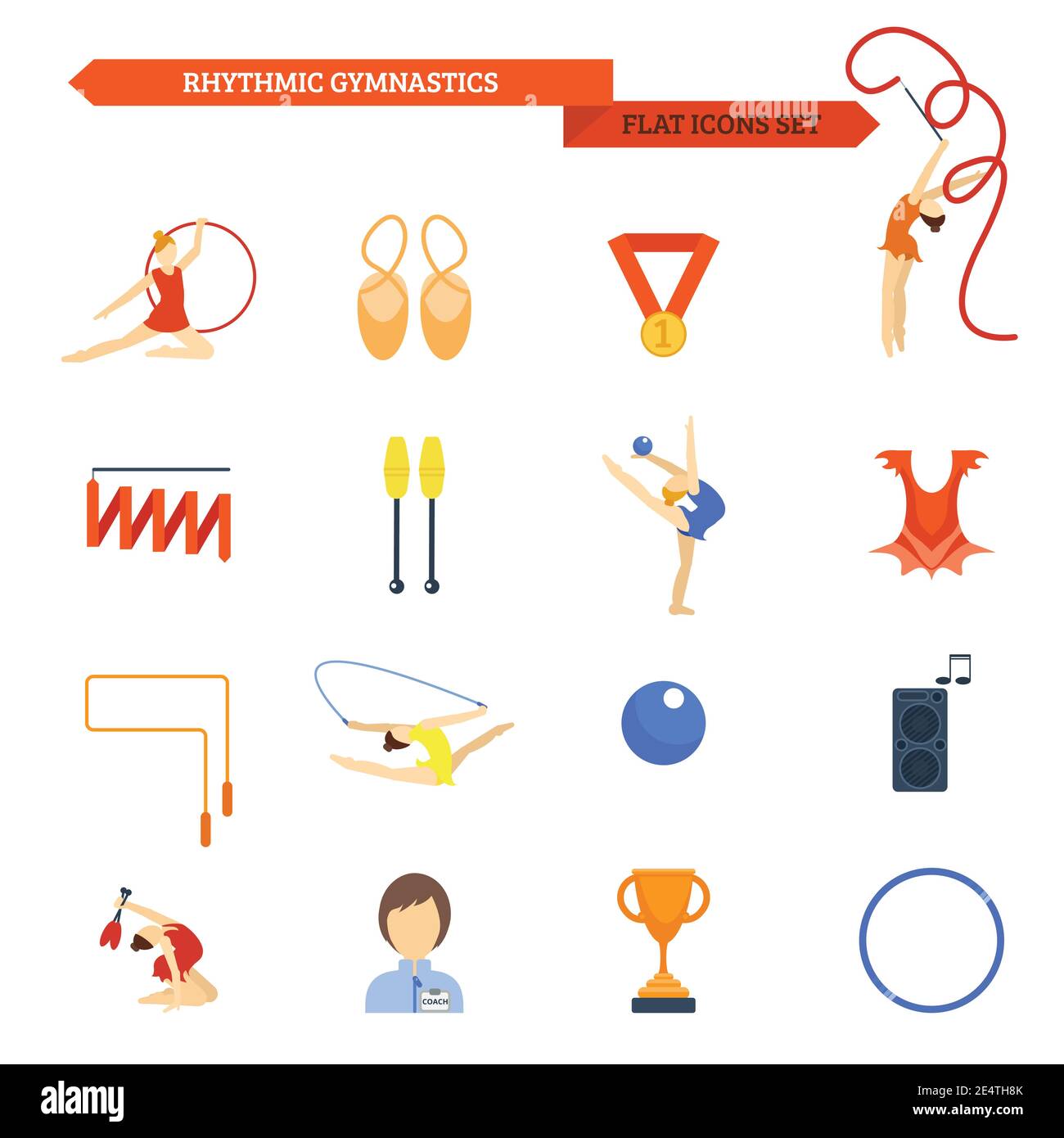 Rhythmic gymnastics icon flat set with female athletes with balls and ...