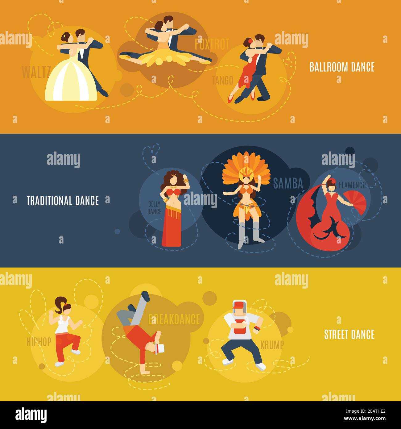 Dancing flat horizontal banner set with street ballroom traditional ...