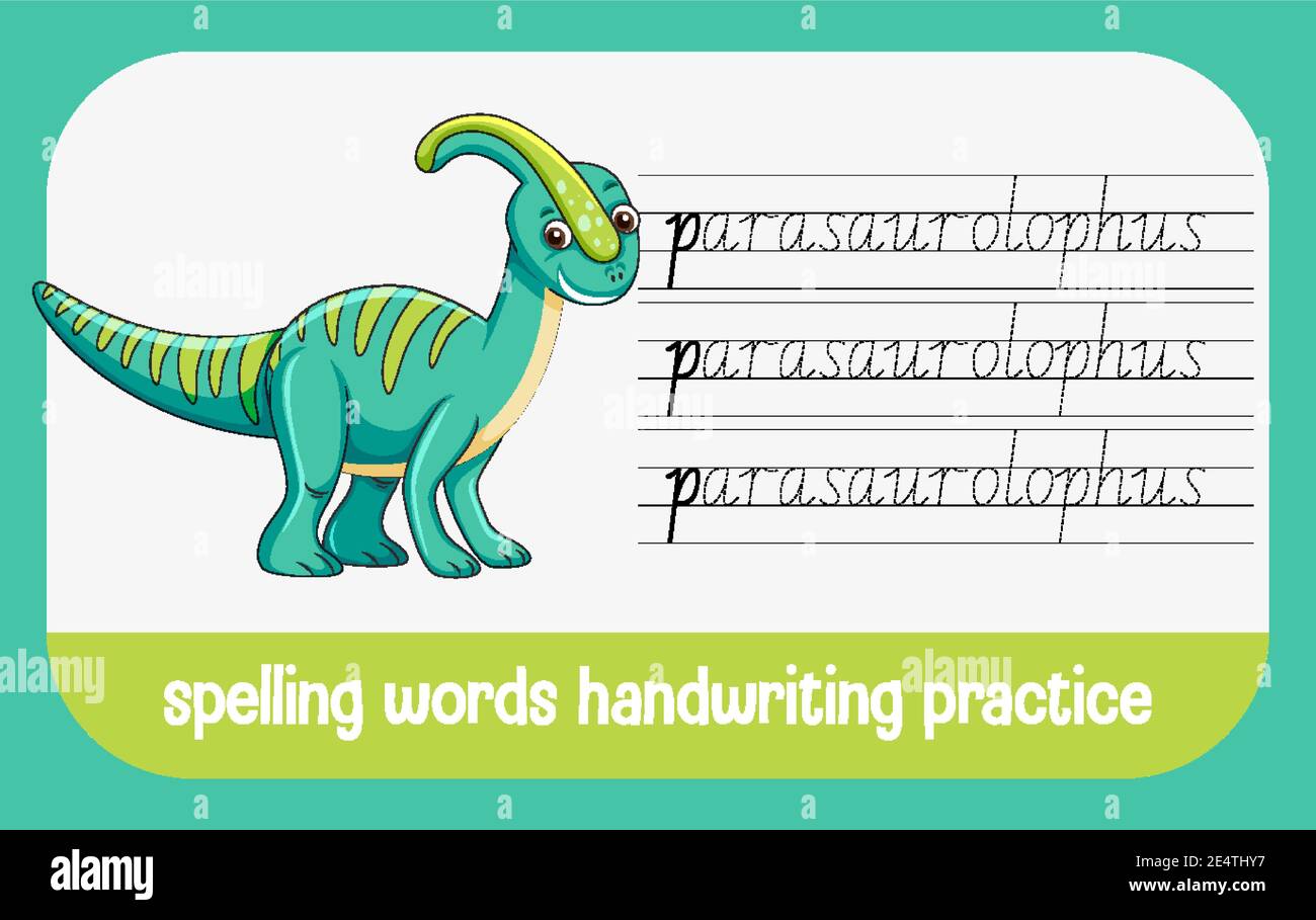 Spelling words dinosaur handwriting practice worksheet illustration ...