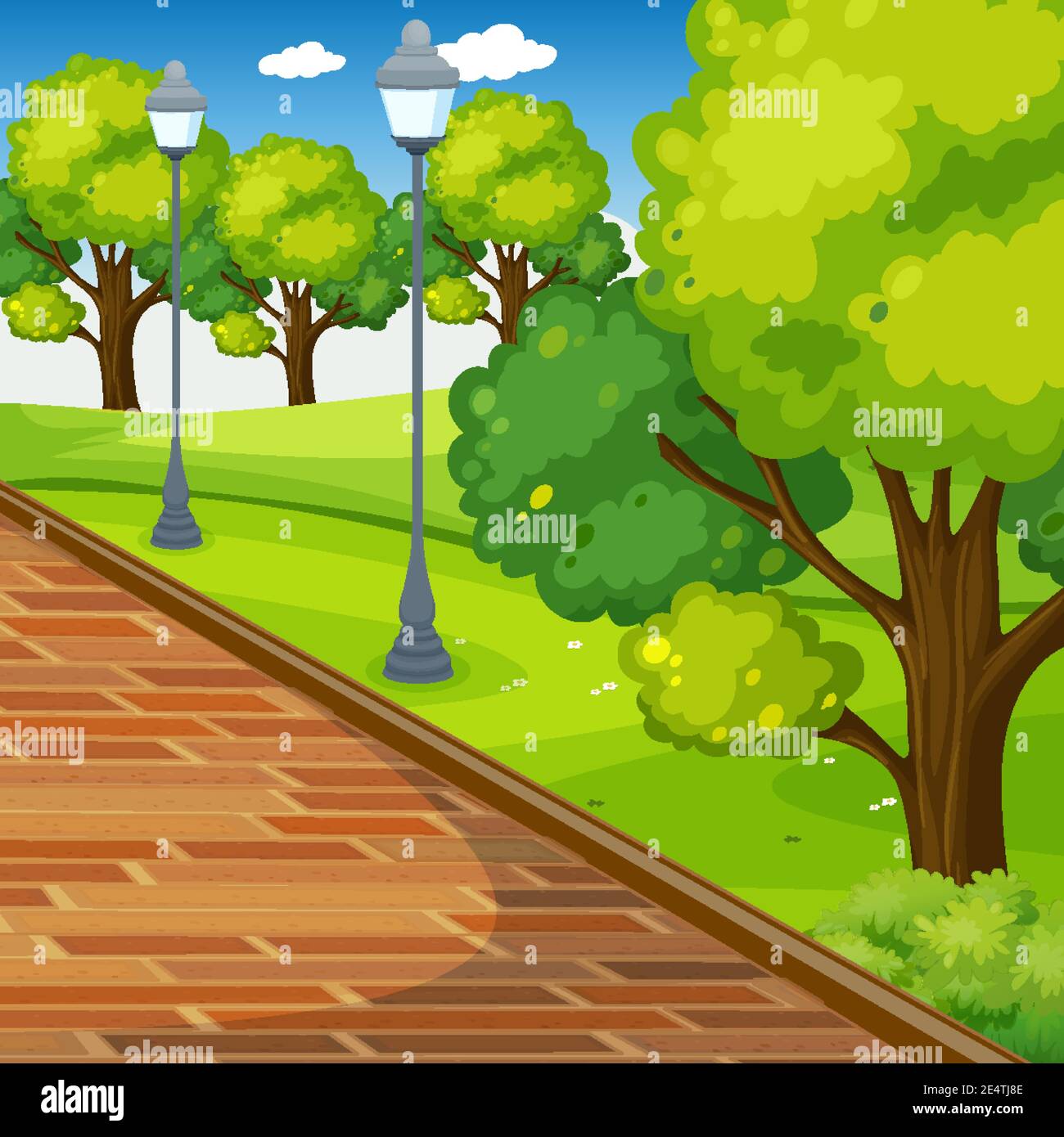 Empty park outdoor scene with light pole on the street illustration ...