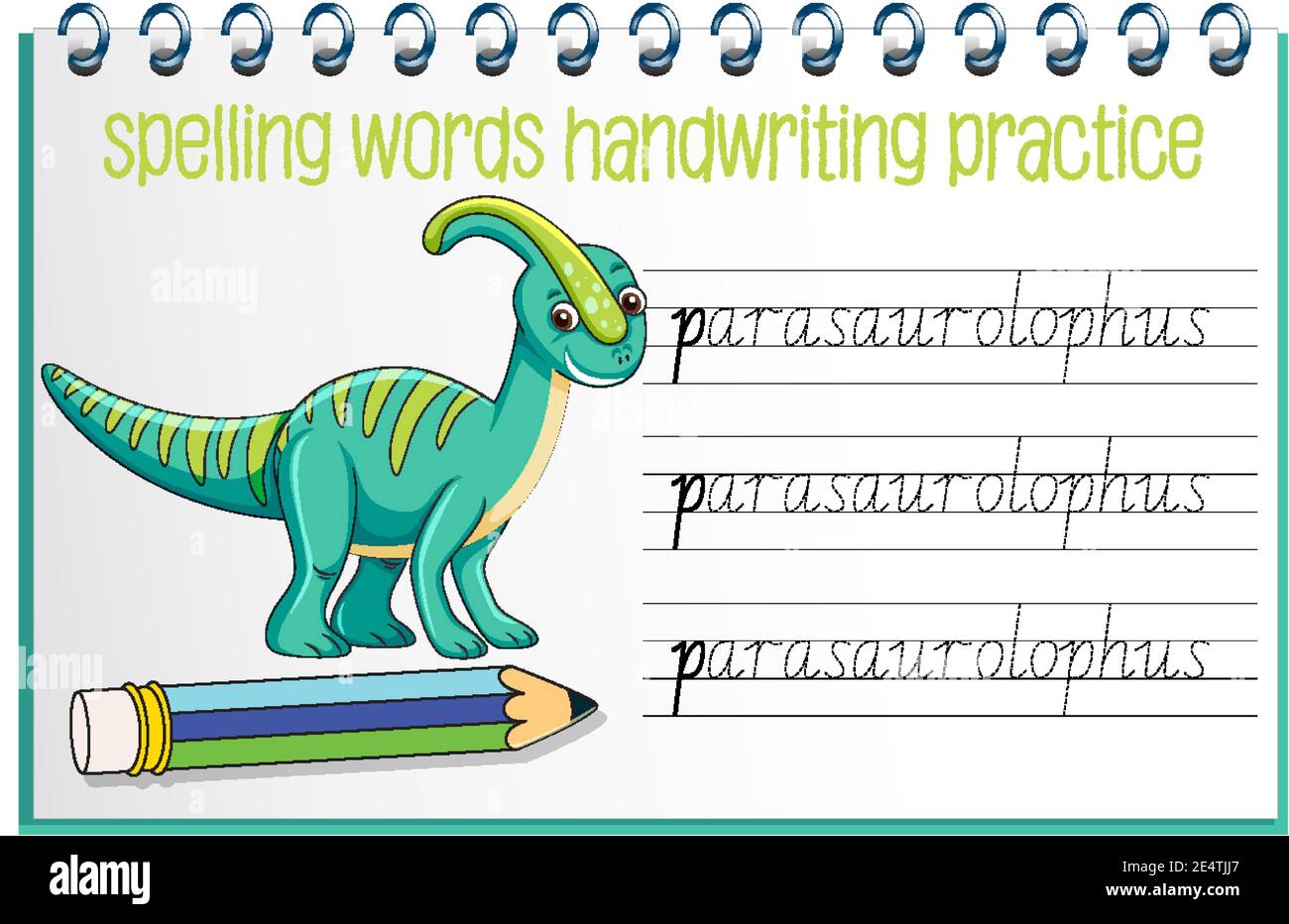Spelling words dinosaur handwriting practice worksheet illustration ...