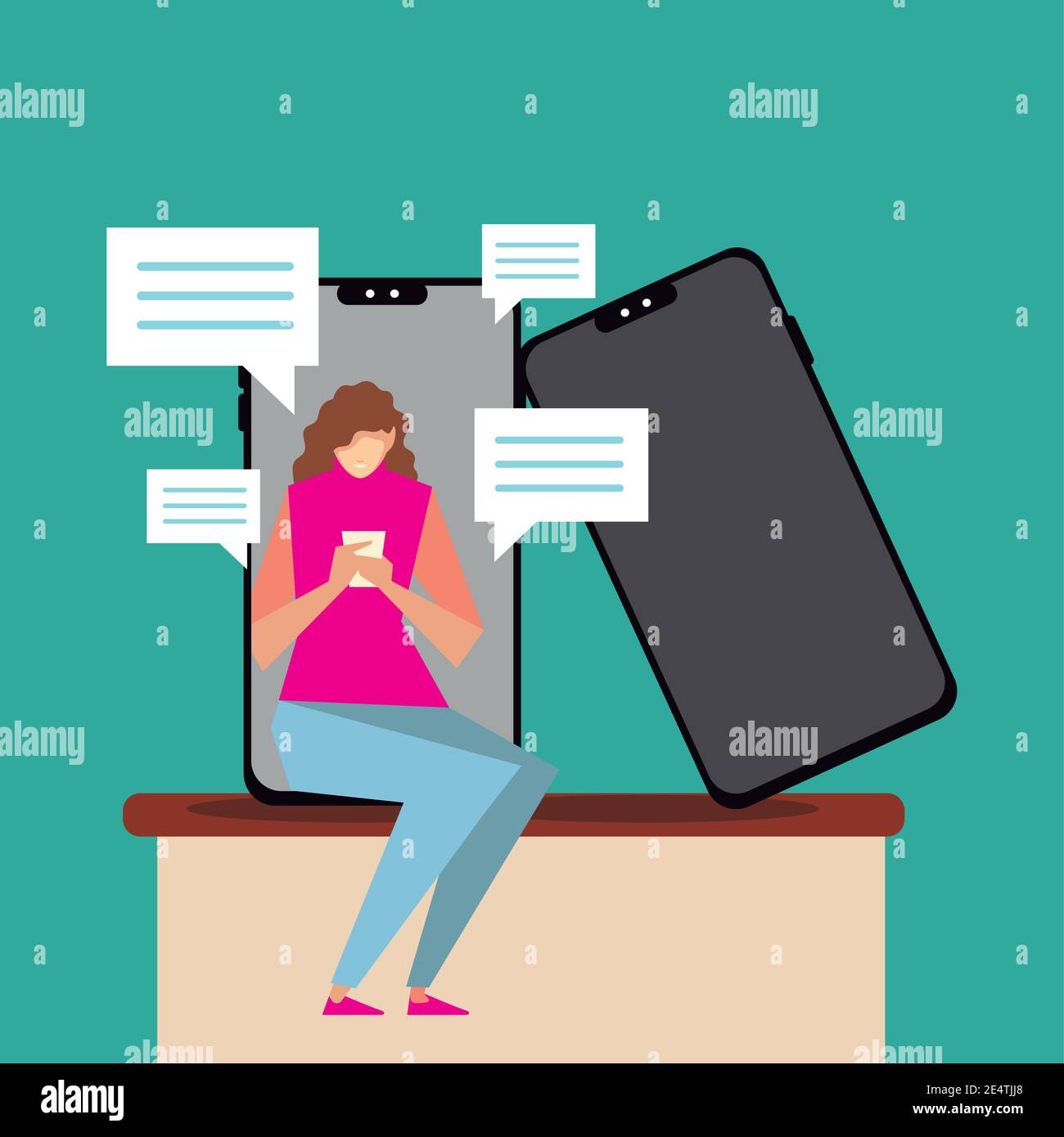 young woman sitting using smartphone technology vector illustration ...