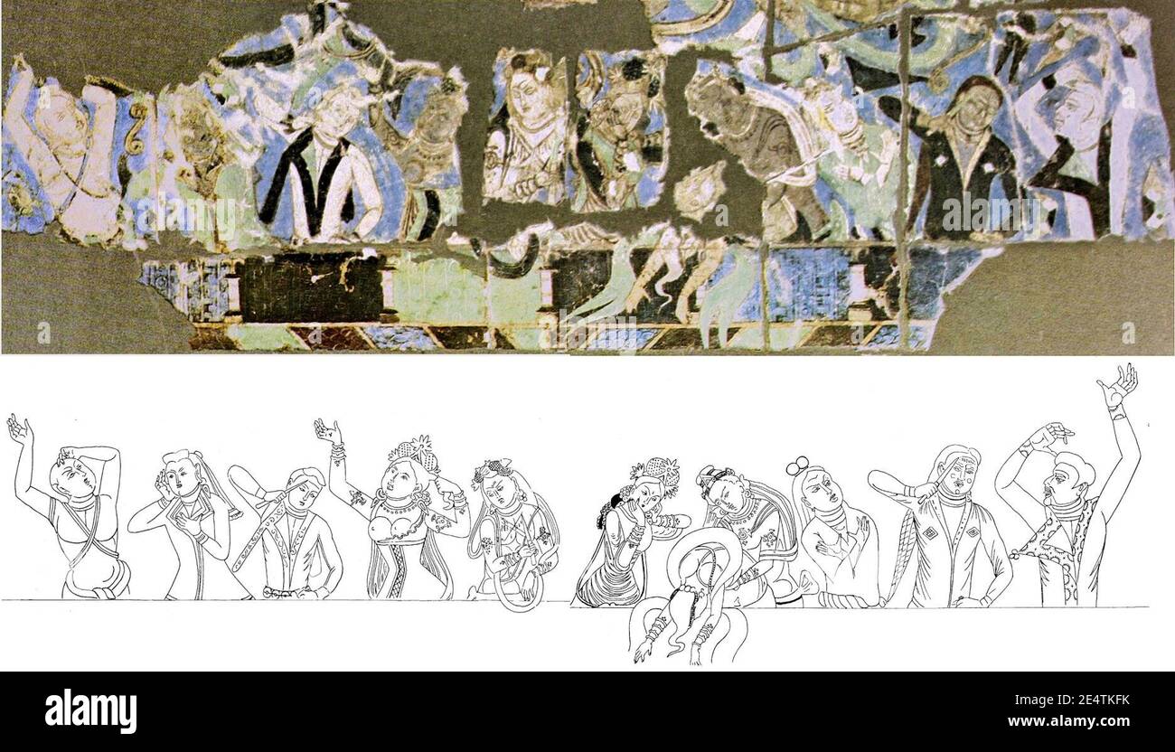 Maya Cave 224, mural of the Mourning of the Buddha with drawing Stock ...