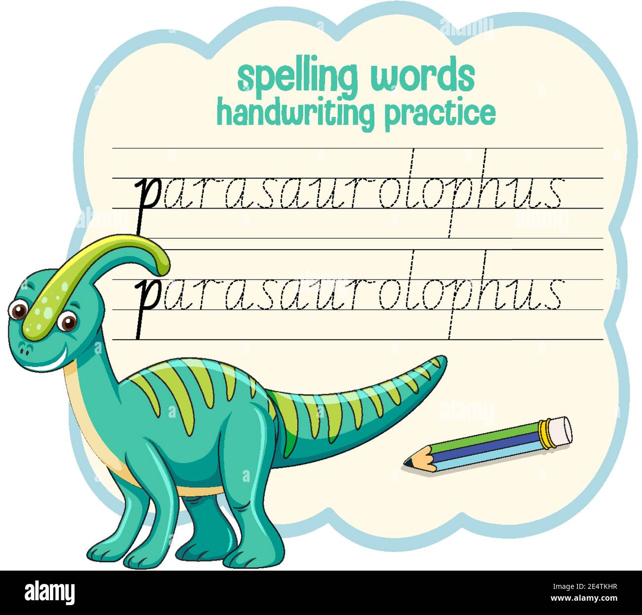 Spelling words dinosaur handwriting practice worksheet illustration ...