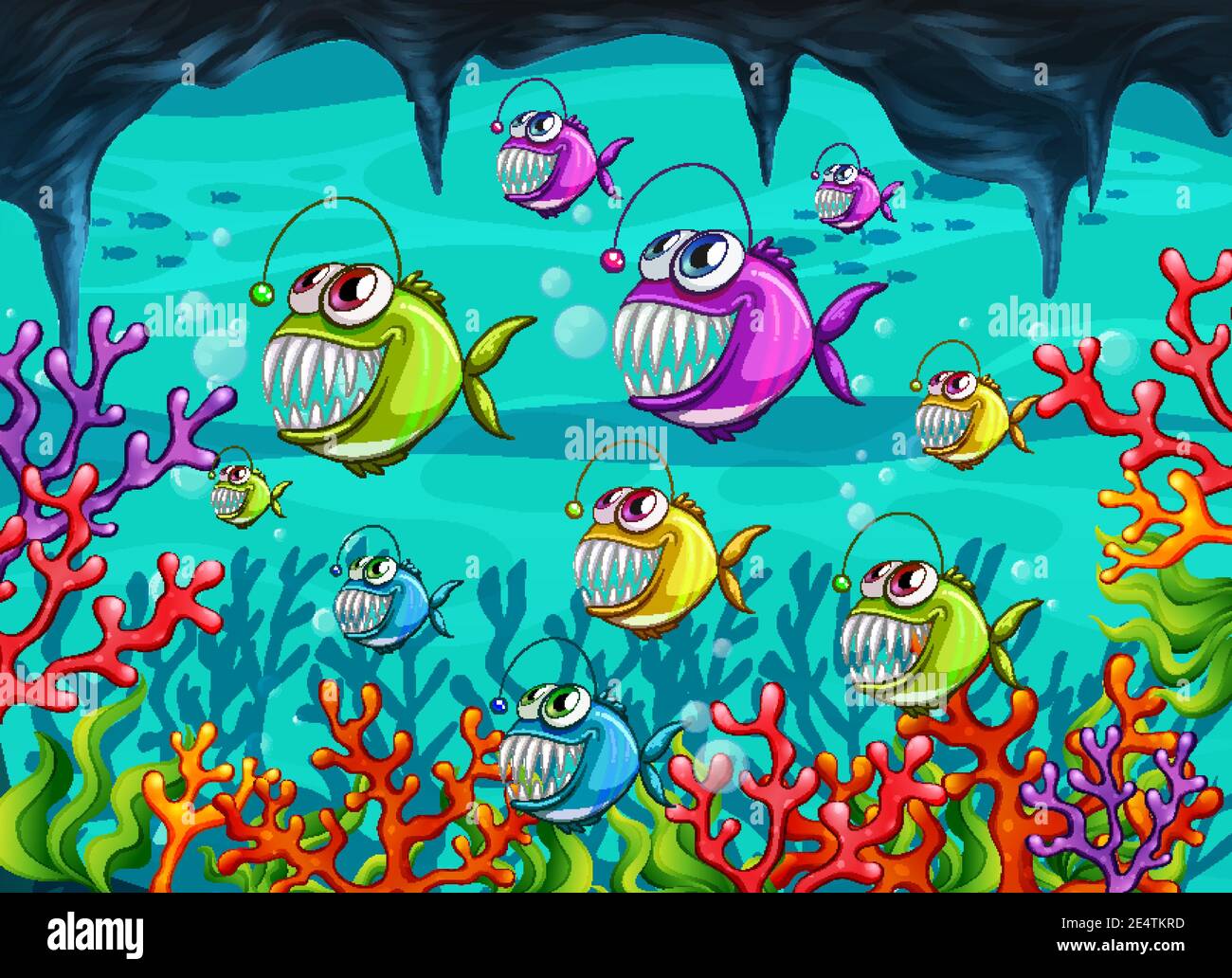 Angler fishes cartoon character in the underwater scene with corals ...