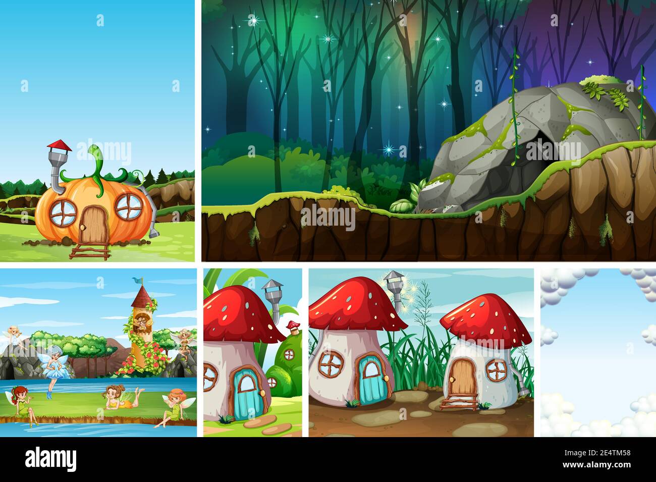 Six different scene of fantasy world with fantasy places such as ...