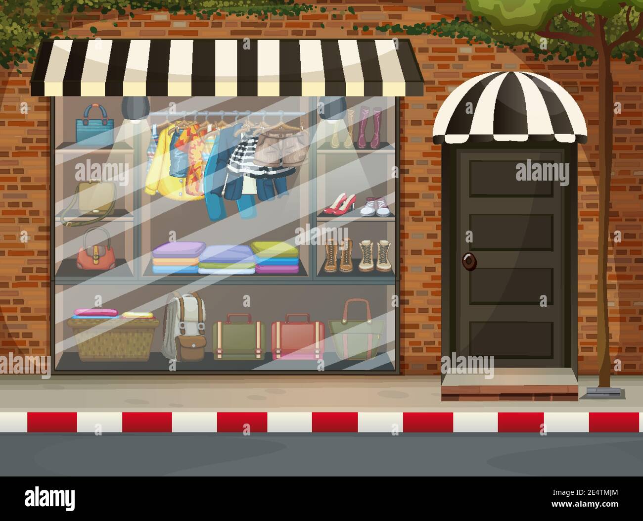 Front of clothing store showcase with clothes and accessories ...