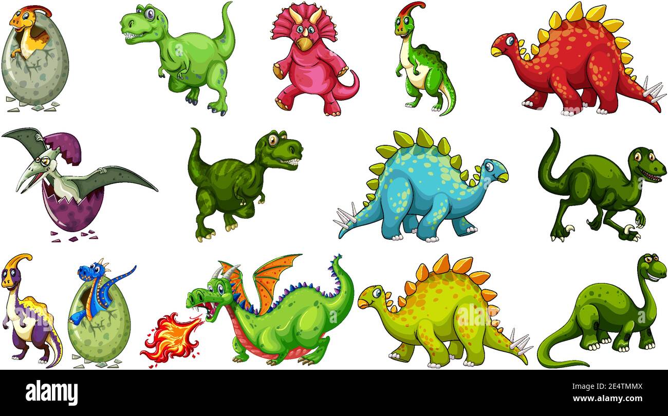 Set of different dinosaur cartoon character isolated on white ...