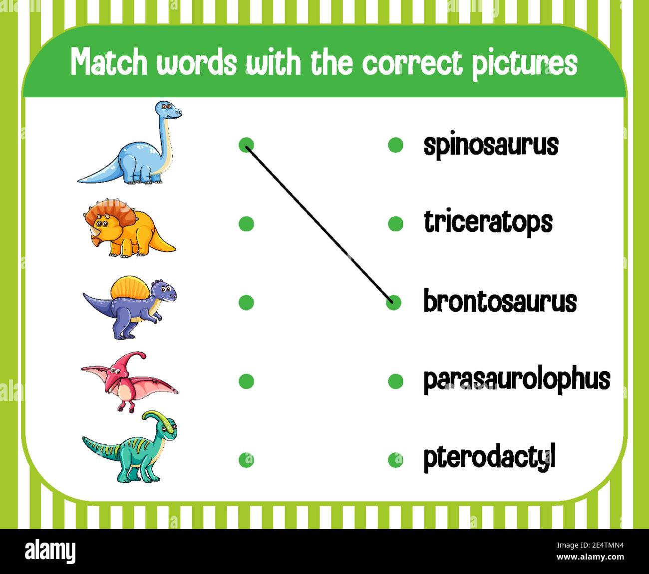 Word to picture matching worksheet dinosaur theme illustration Stock ...