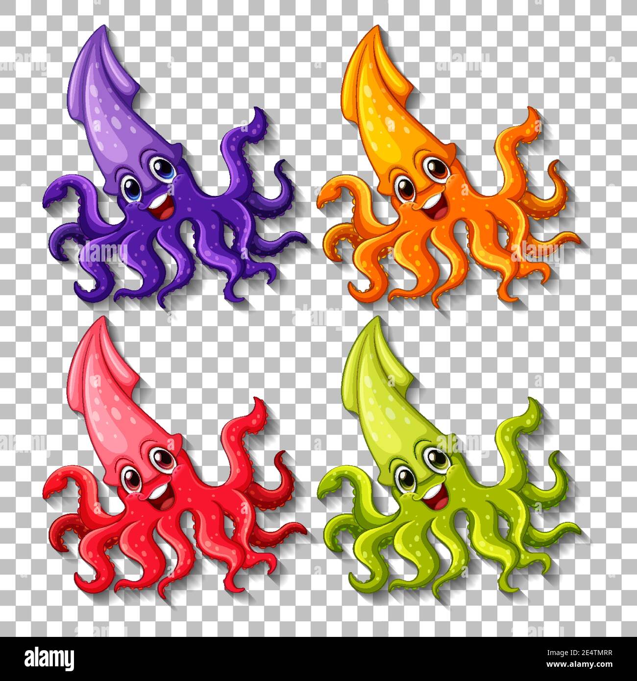 Set of different color squid cartoon character on transparent ...