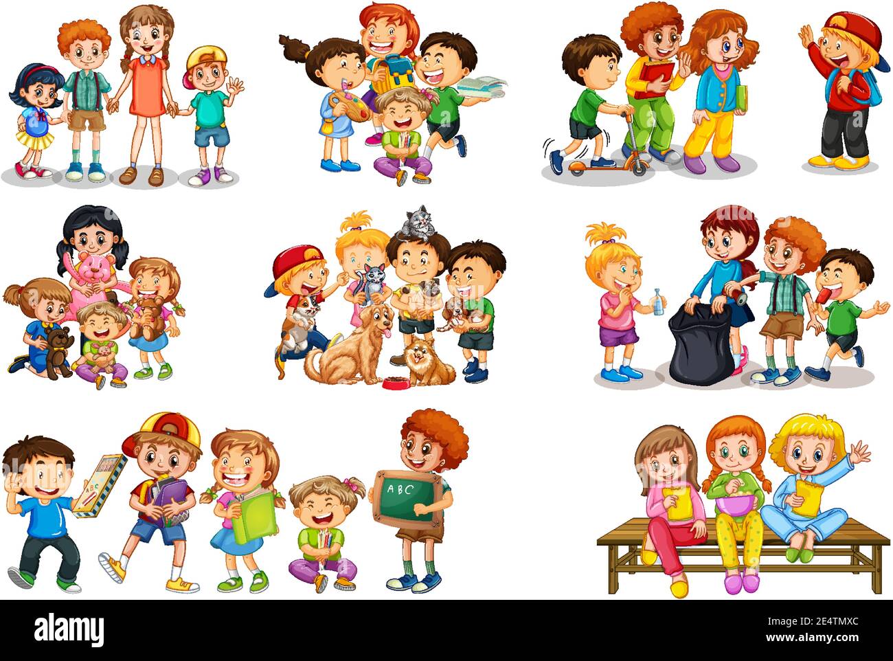 Set of different kid playing with their toys cartoon character isolated ...