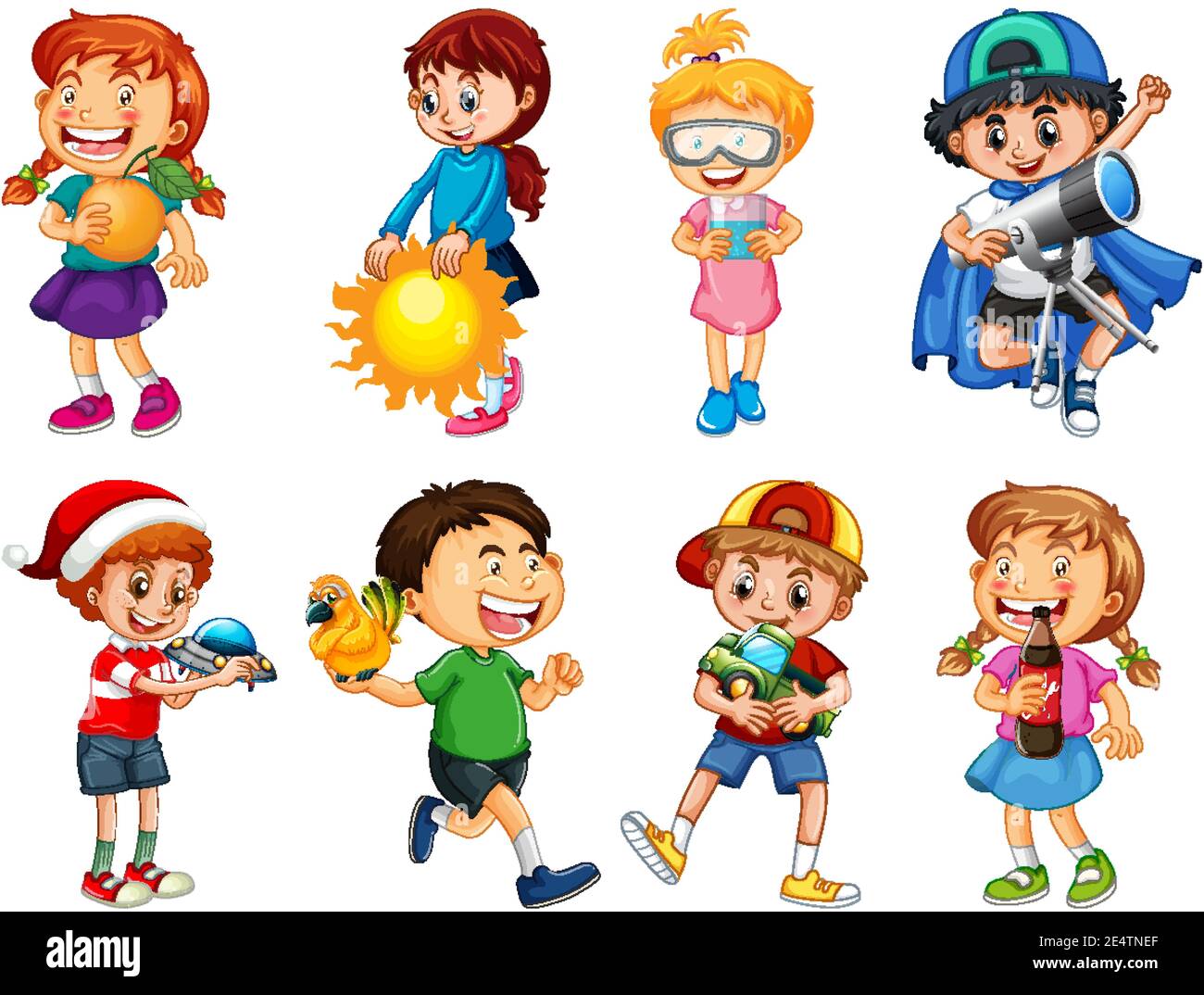 Set of different kid playing with their toys cartoon character isolated ...