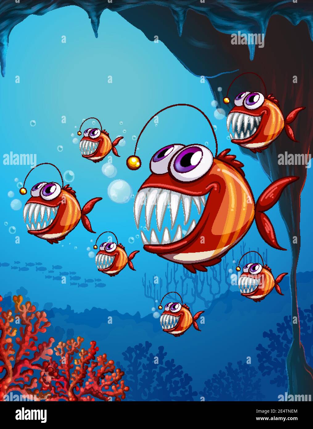 Angler fishes cartoon character in the underwater scene with corals ...