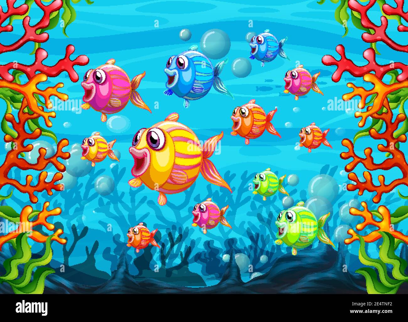 Many exotic fishes cartoon character in the underwater background ...