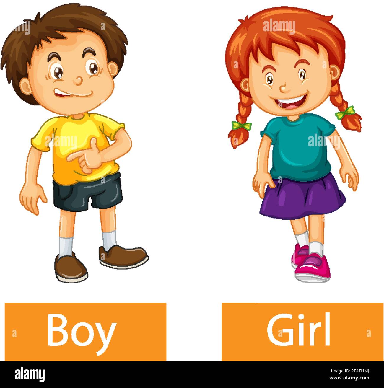 Opposite adjective words with boy and girl on white background ...